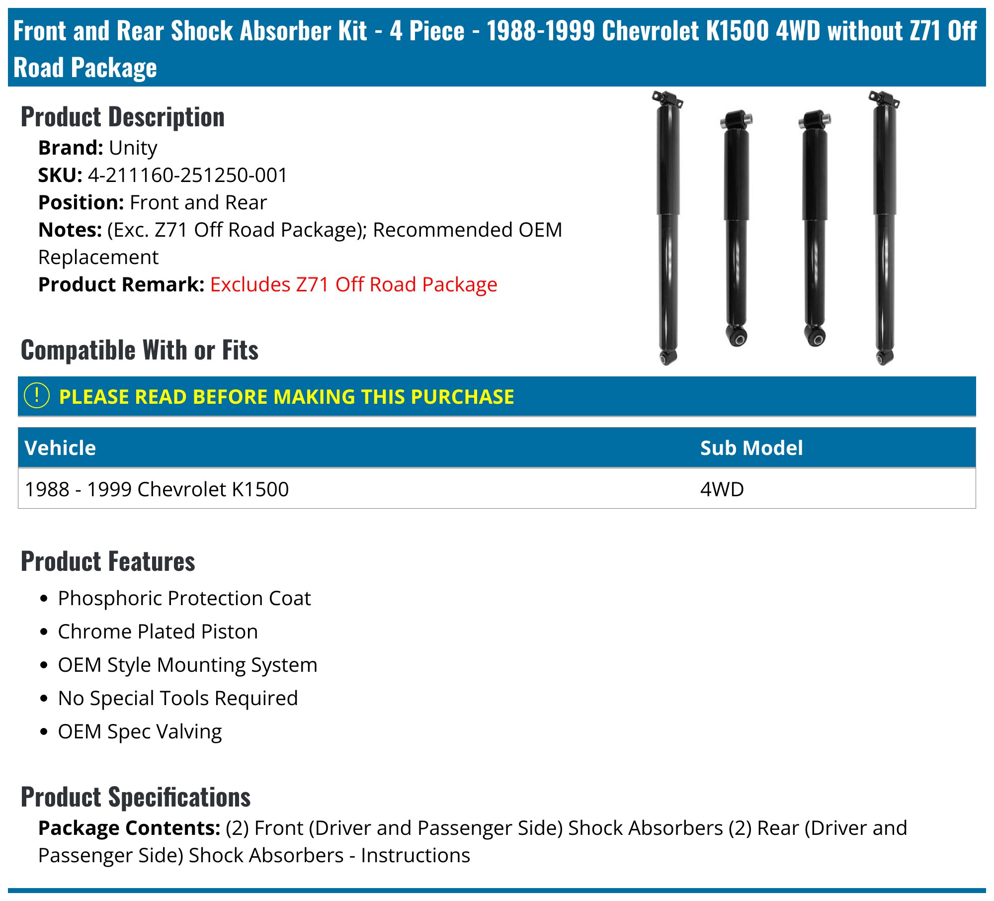 1988-1999 Chevrolet K1500 Shock Absorber - Unity 4-211160-251250-001 ...
