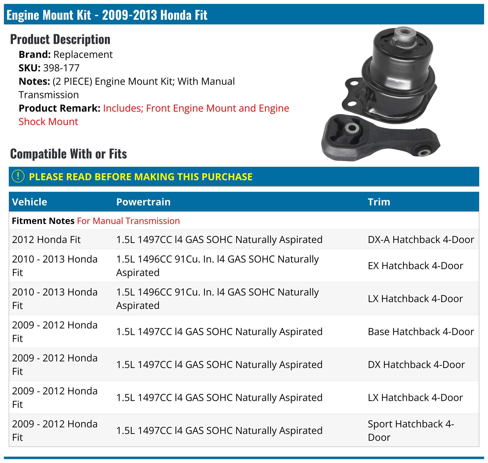 2009-2013 Honda Fit Engine Mount - Replacement 398-177 - PartsGeek.com
