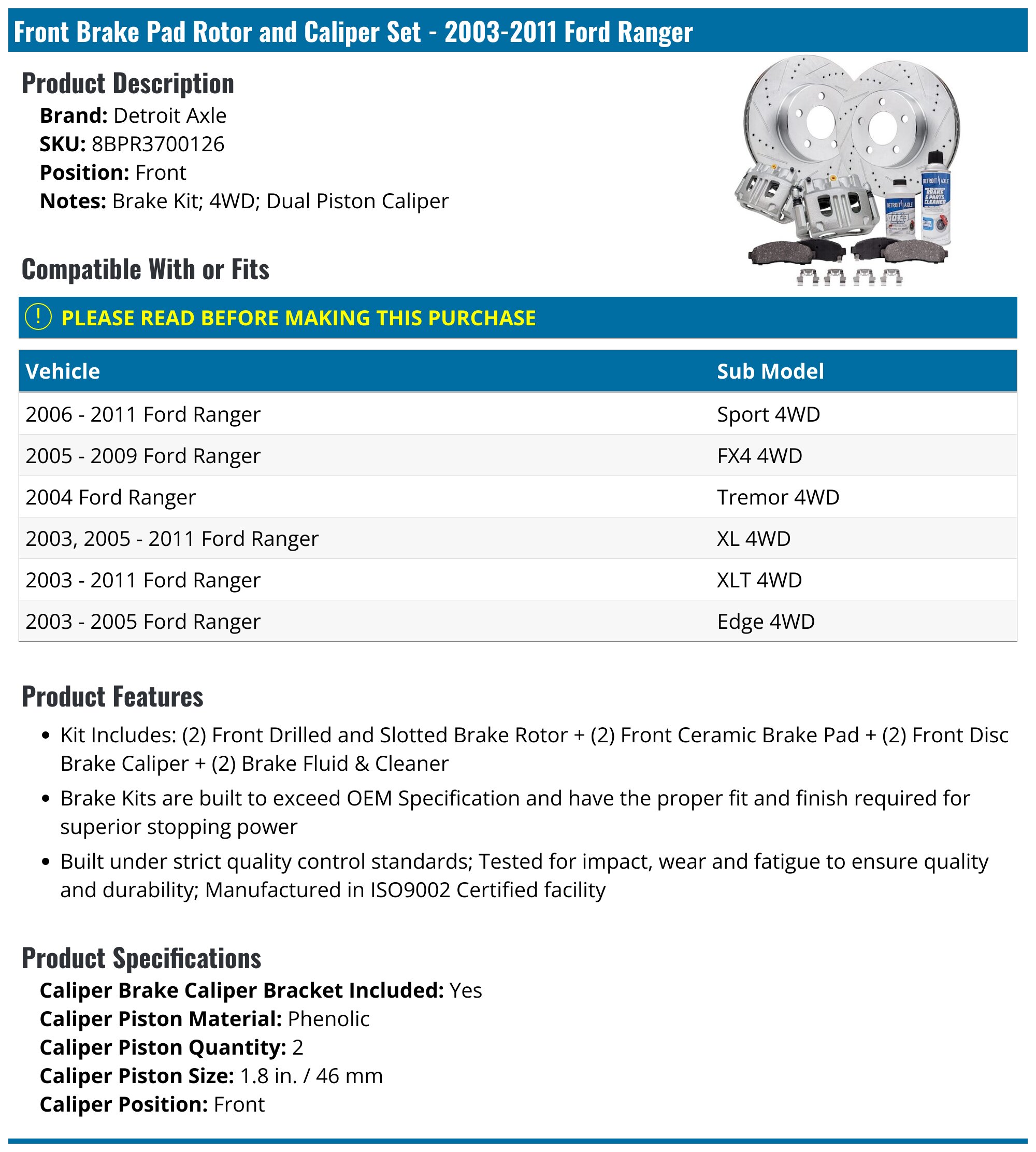 2003-2011 Ford Ranger Brake Rotor - Detroit Axle 8BPR3700126 - Front ...