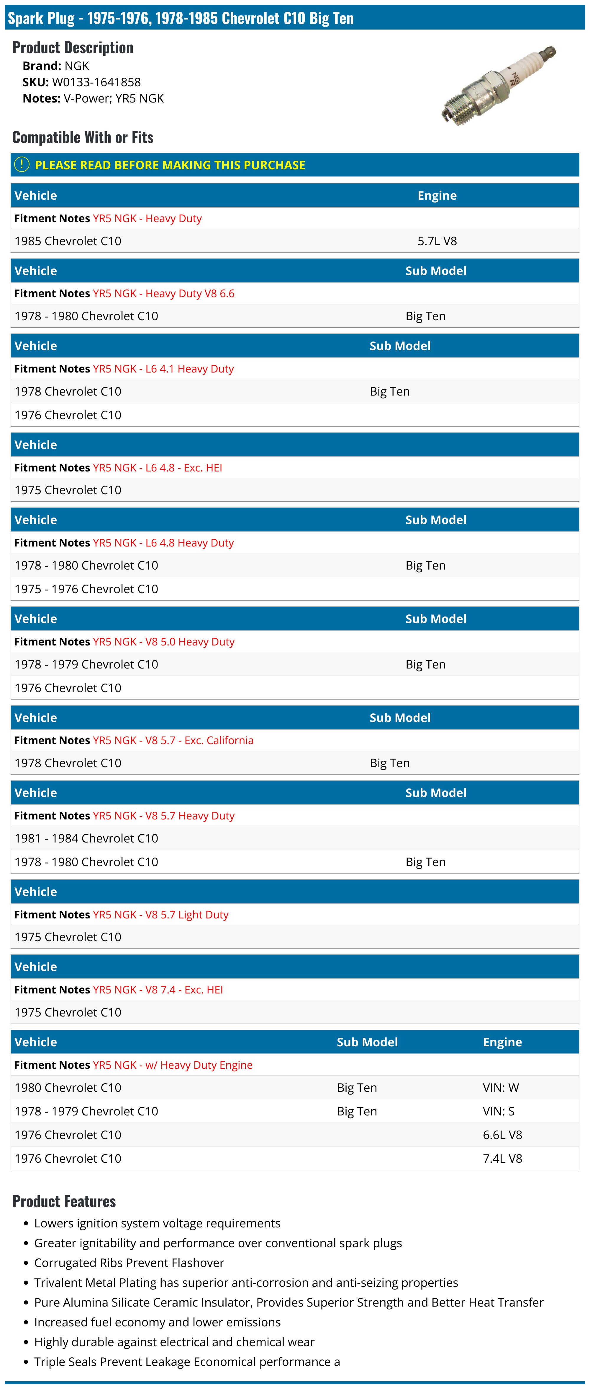1975-1976, 1978-1985 Chevrolet C10 Spark Plug - NGK W0133-1641858 ...