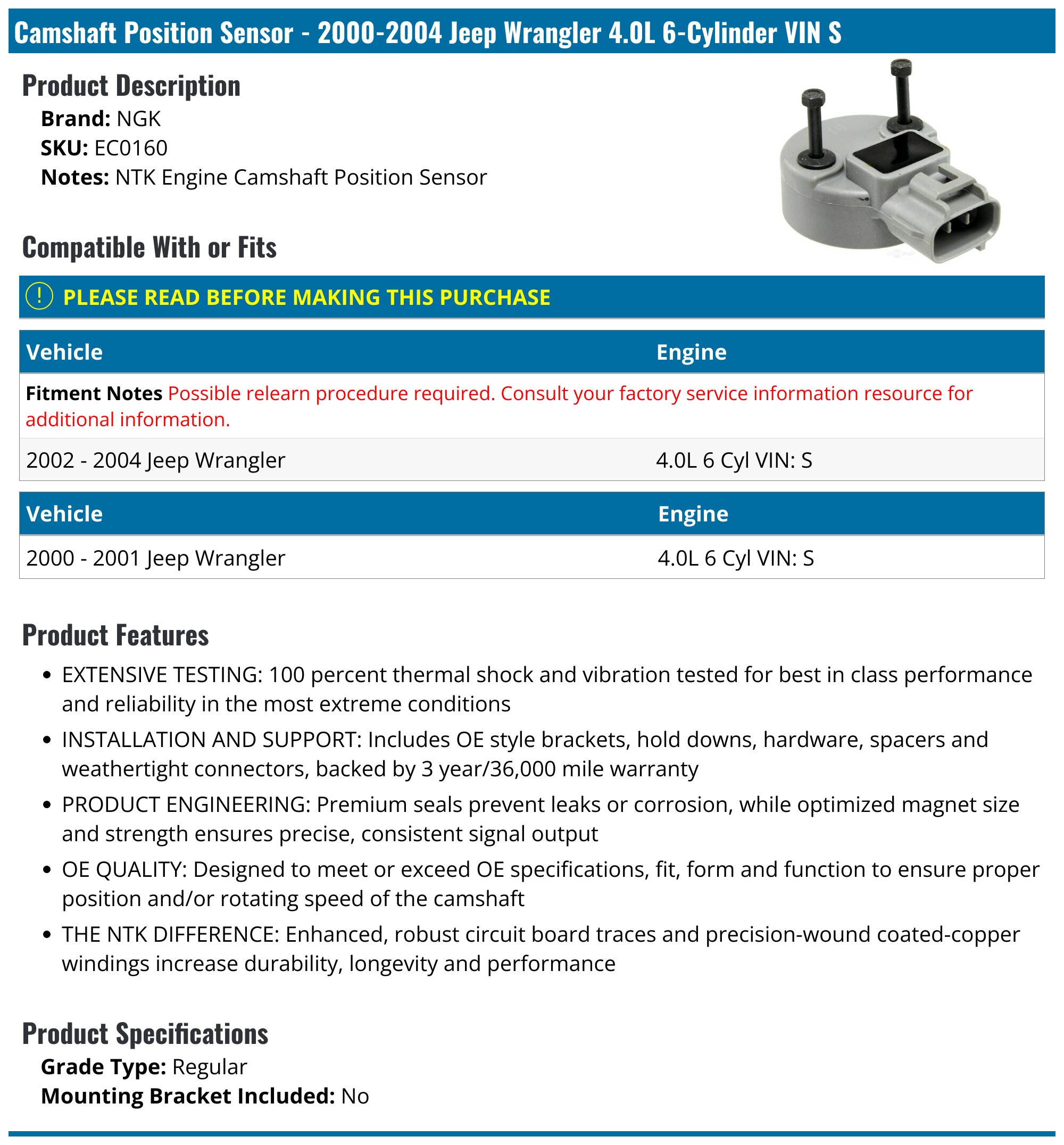 2000-2004 Jeep Wrangler Camshaft Position Sensor - NGK EC0160 ...