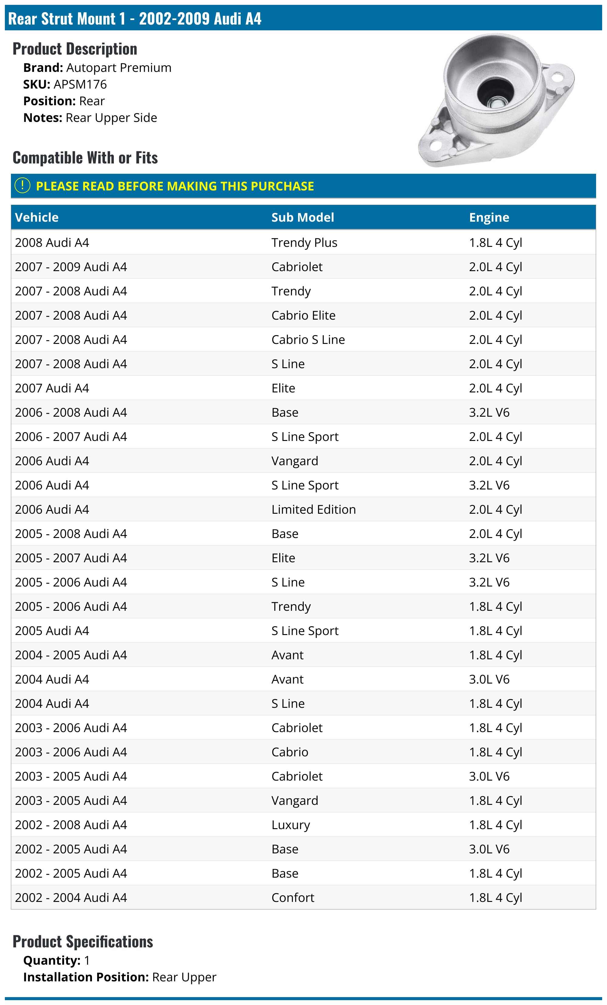 2002-2009 Audi A4 Strut Mount - Autopart Premium APSM176 - Rear ...
