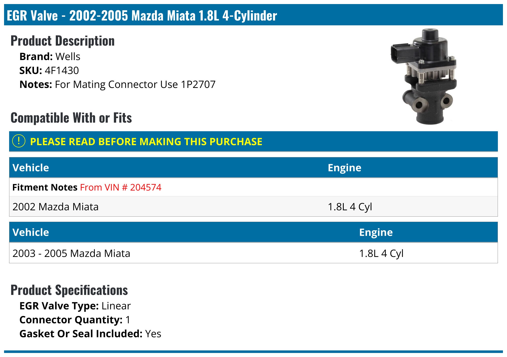 2002-2005 Mazda Miata EGR Valve - Wells 4F1430 - - PartsGeek.com