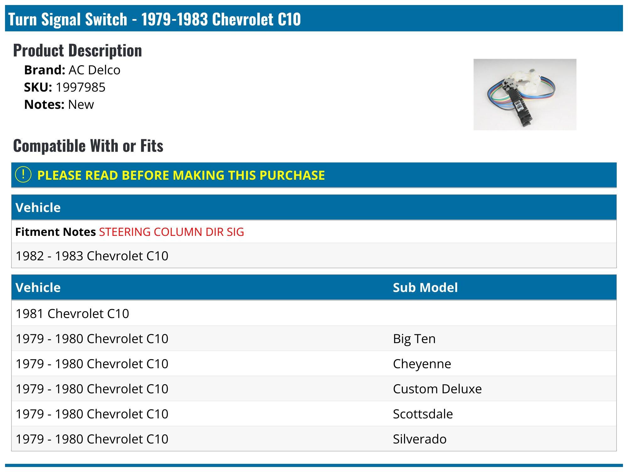 1979-1983 Chevrolet C10 Turn Signal Switch - AC Delco 1997985 ...
