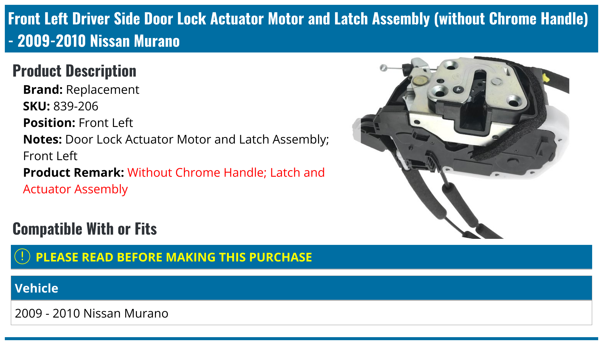 2009-2010 Nissan Murano Door Lock Actuator - Replacement 839-206 ...
