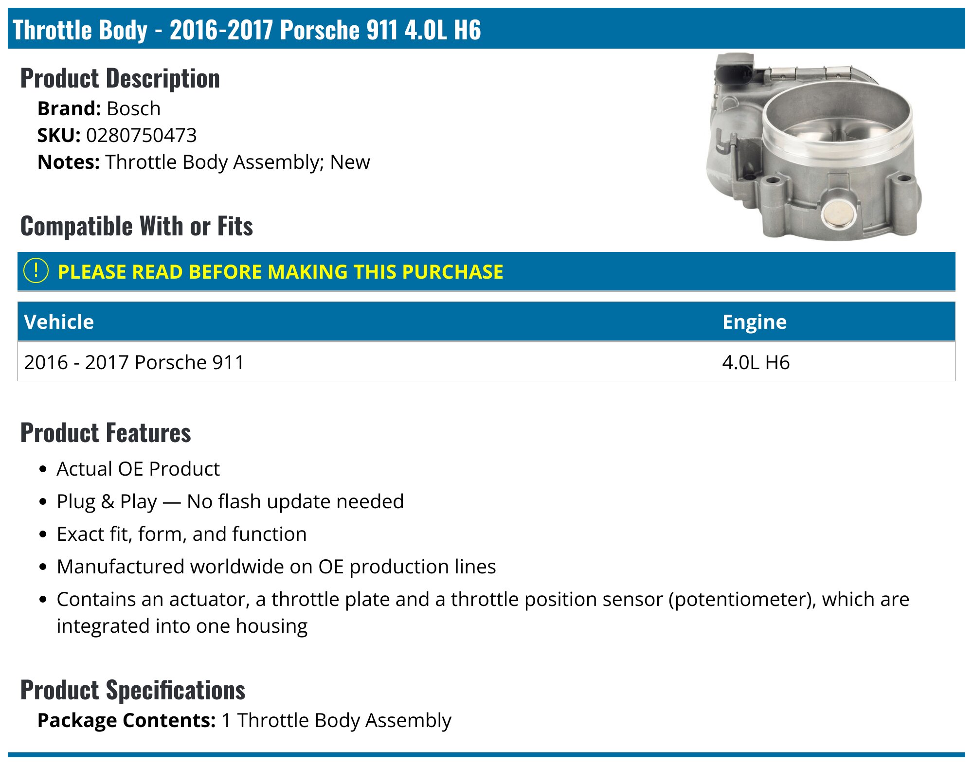 2005-2018 Porsche 911 Throttle Body - Bosch 0280750473 - PartsGeek.com