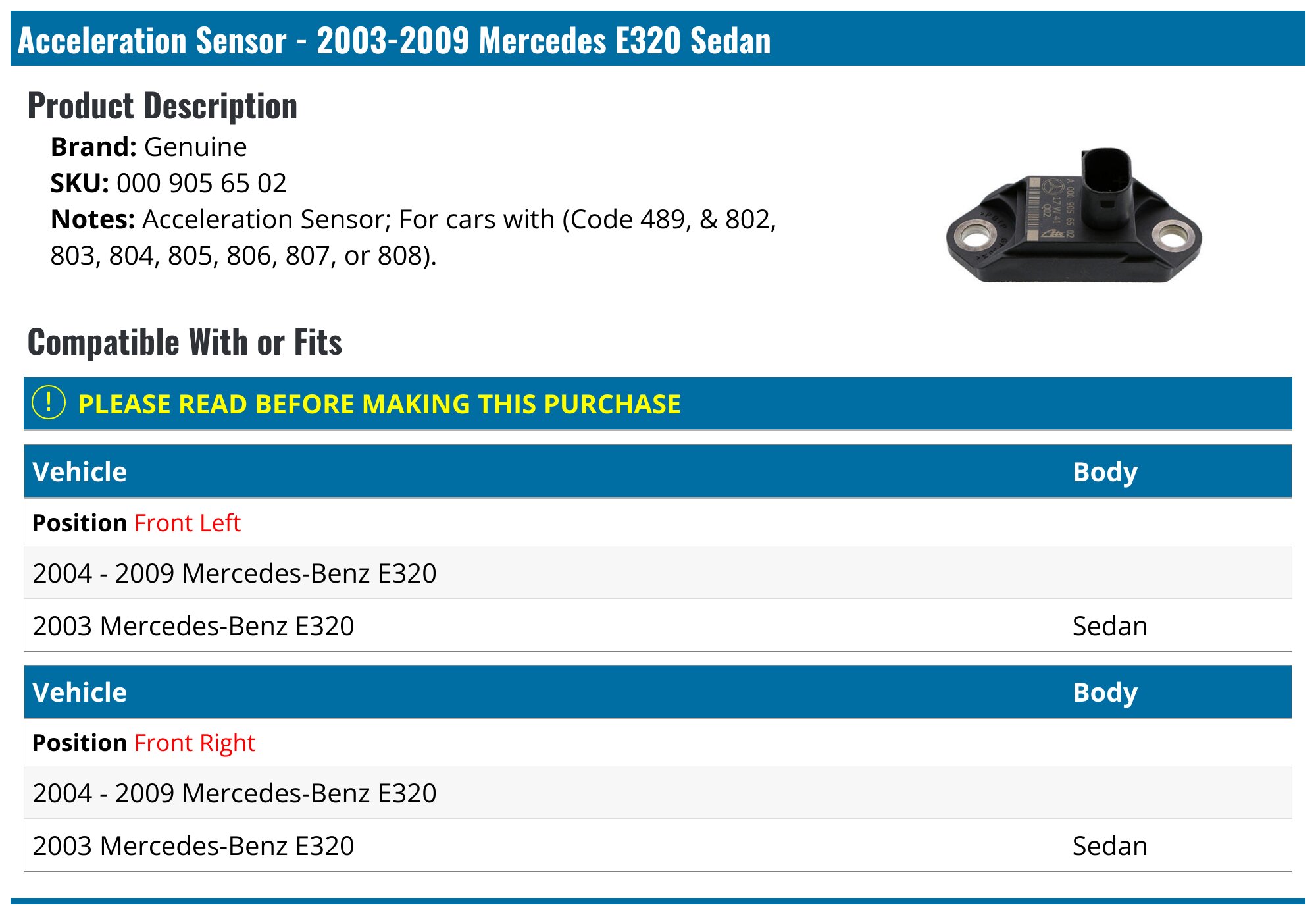 2003-2009 Mercedes E320 Accelerator Pedal Sensor - Genuine 000 905 65 ...