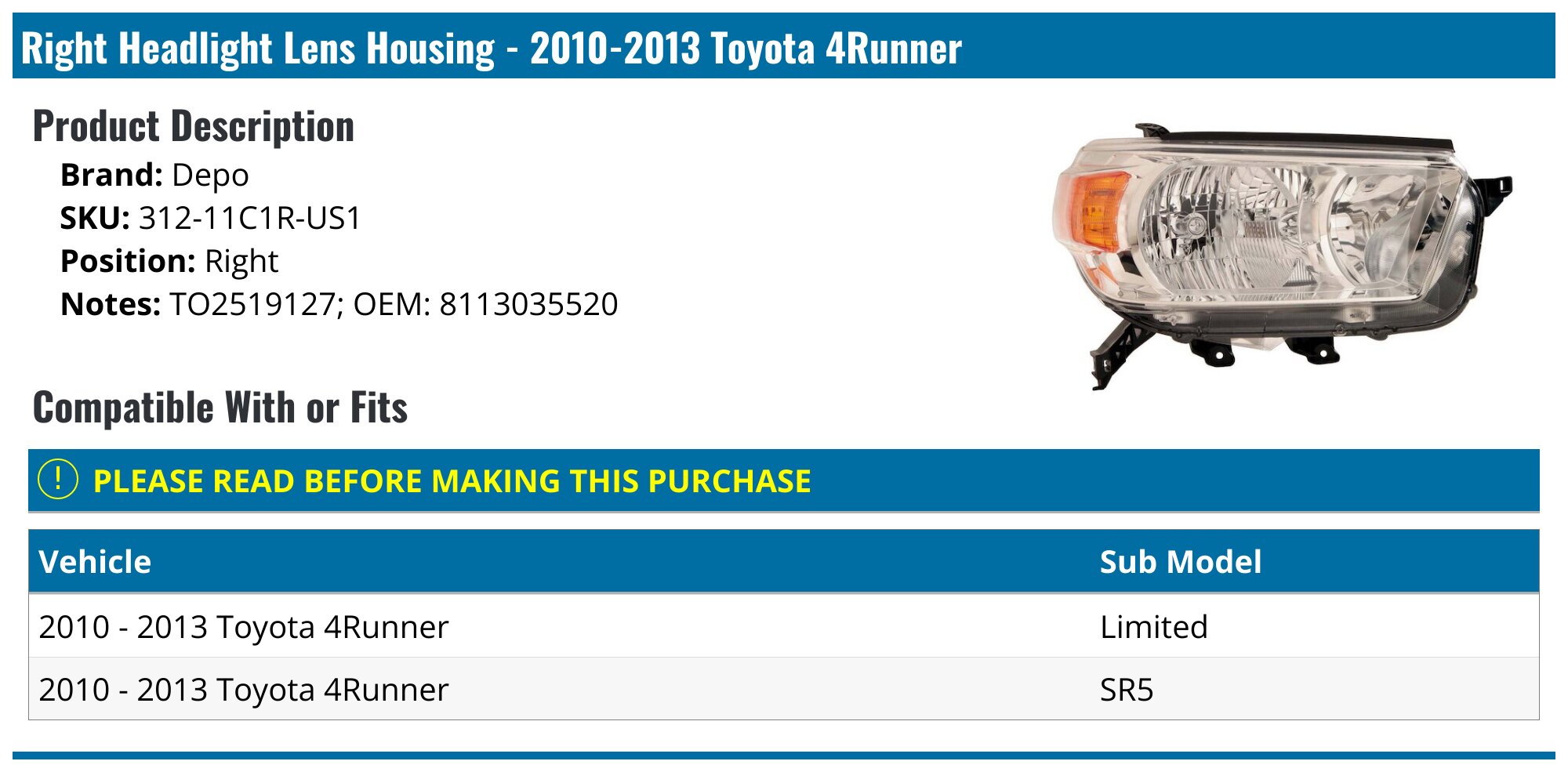 2010-2013 Toyota 4Runner Headlight Assembly - Depo 312-11C1R-US1 ...