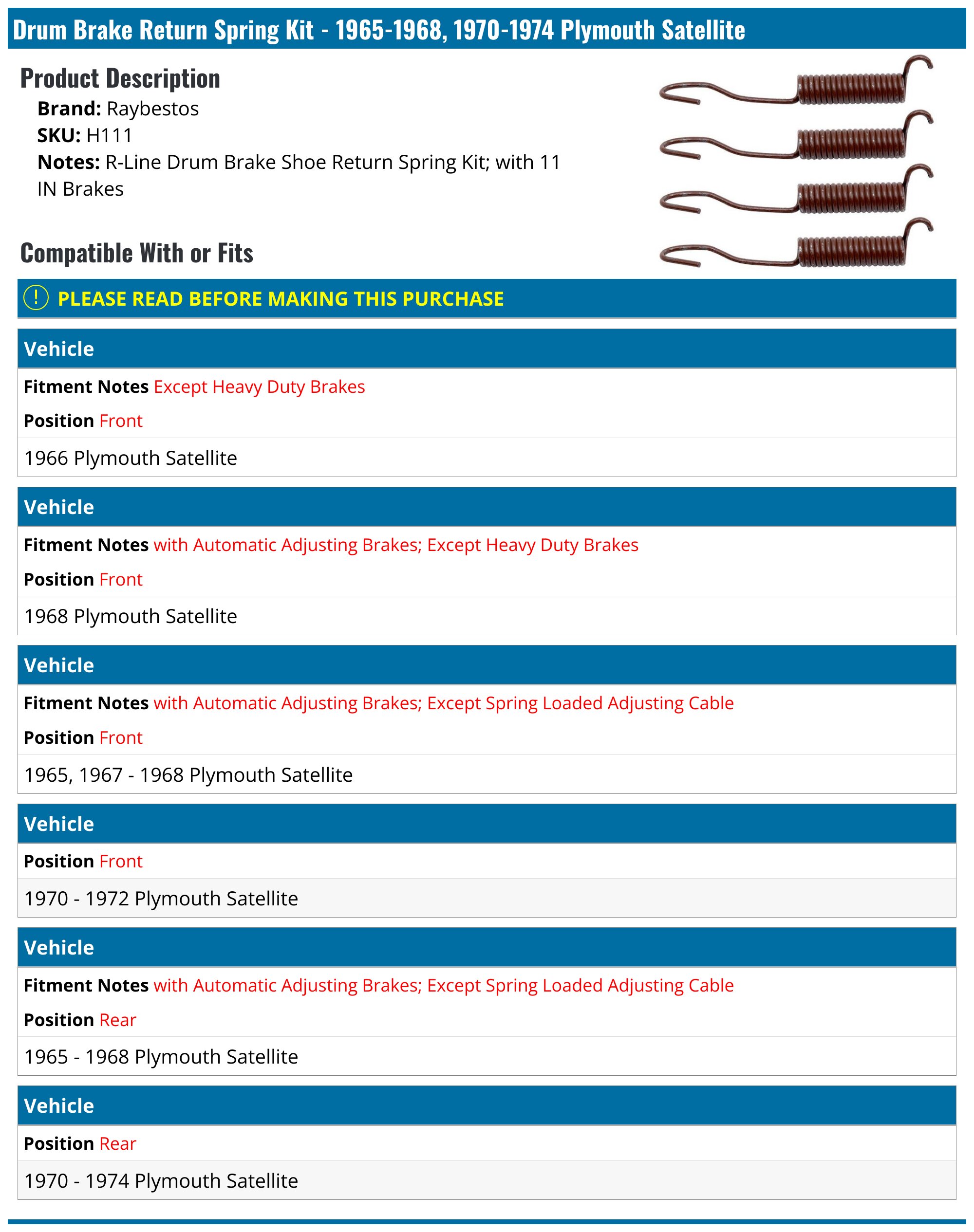 1965-1968, 1970-1974 Plymouth Satellite Drum Brake Return Spring Kit ...