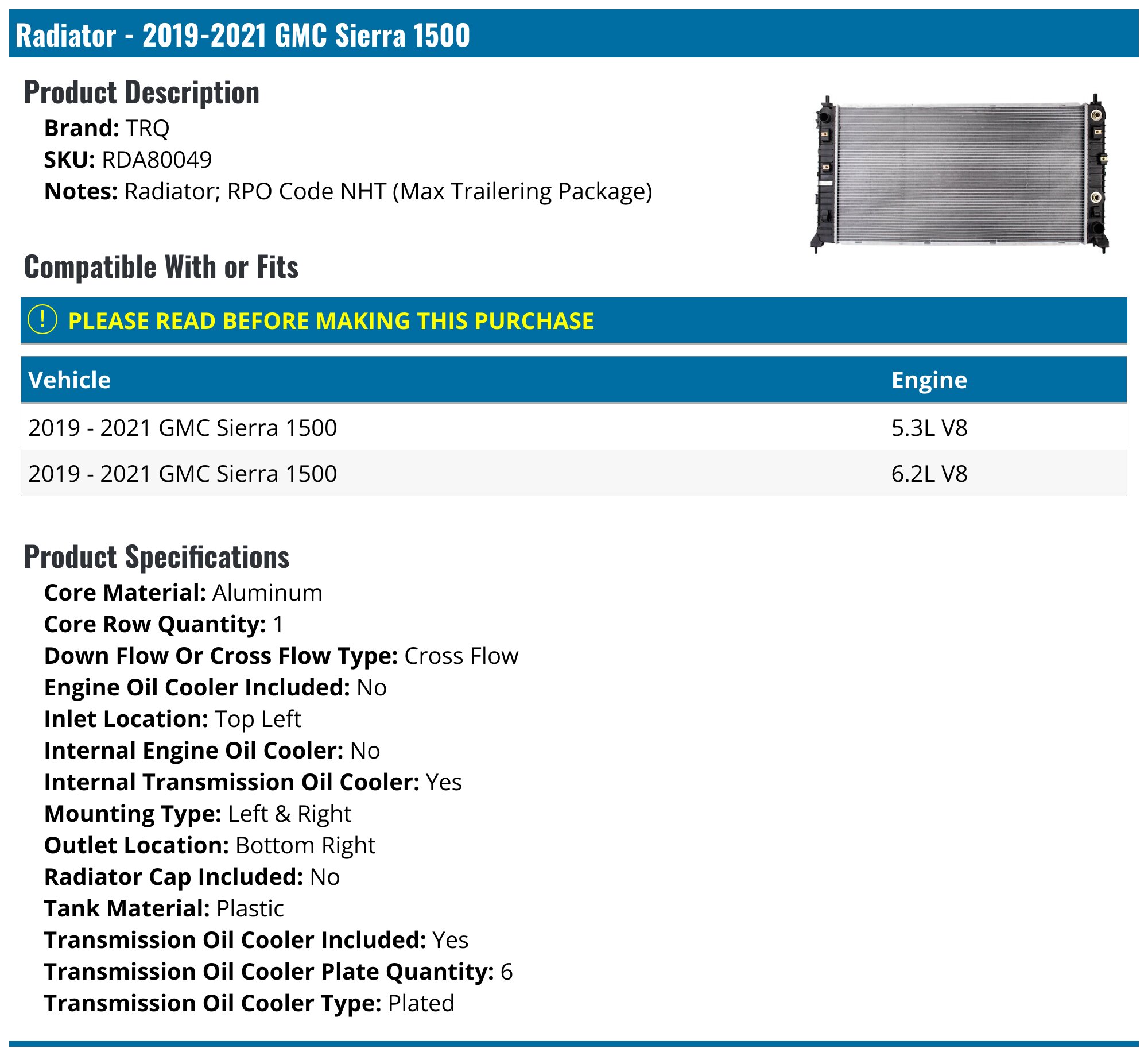 2019-2024 GMC Sierra 1500 Radiator - TRQ RDA80049 - PartsGeek.com