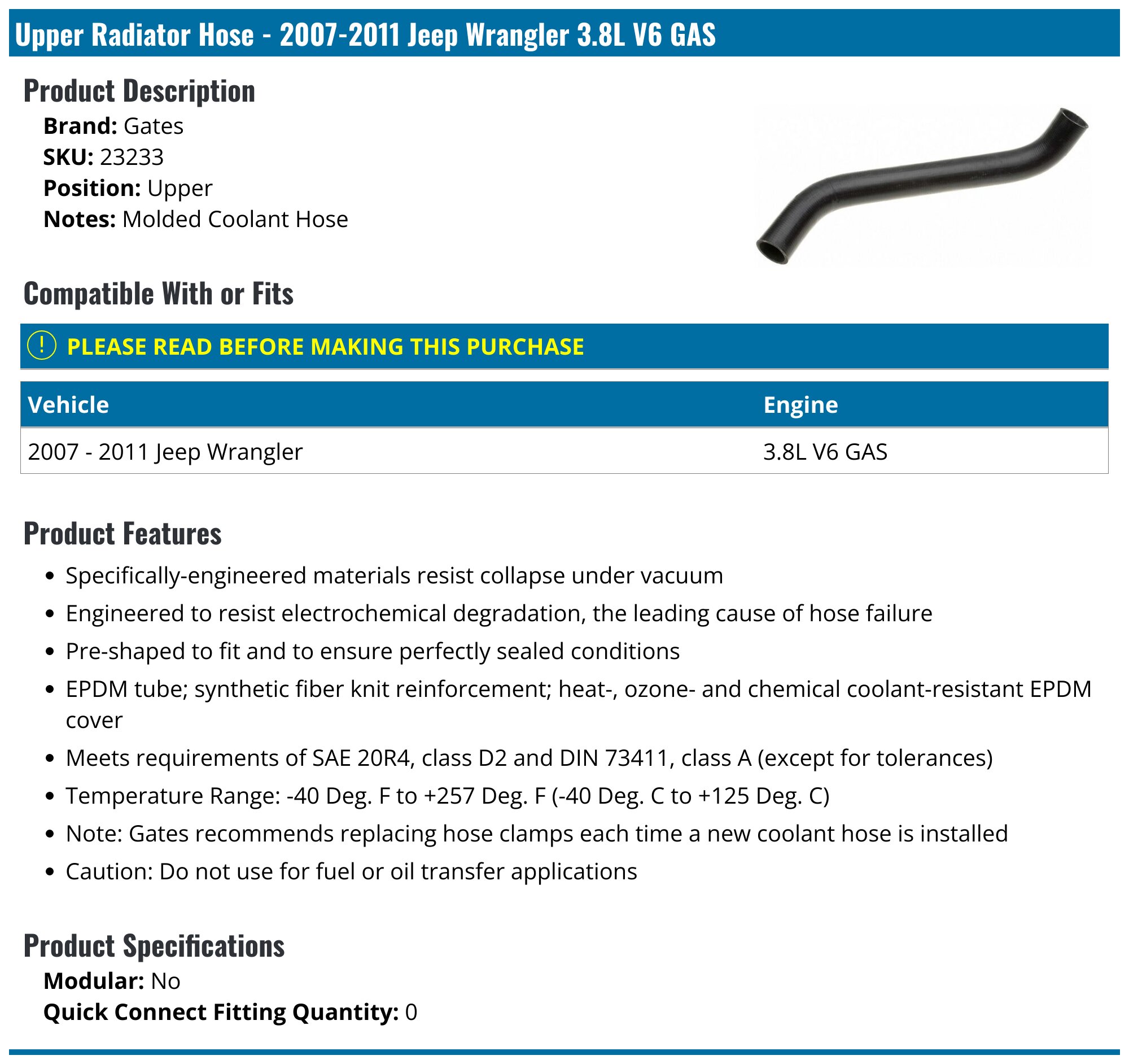 2007-2011 Jeep Wrangler Radiator Hose - Gates 23233 - Upper - PartsGeek.com