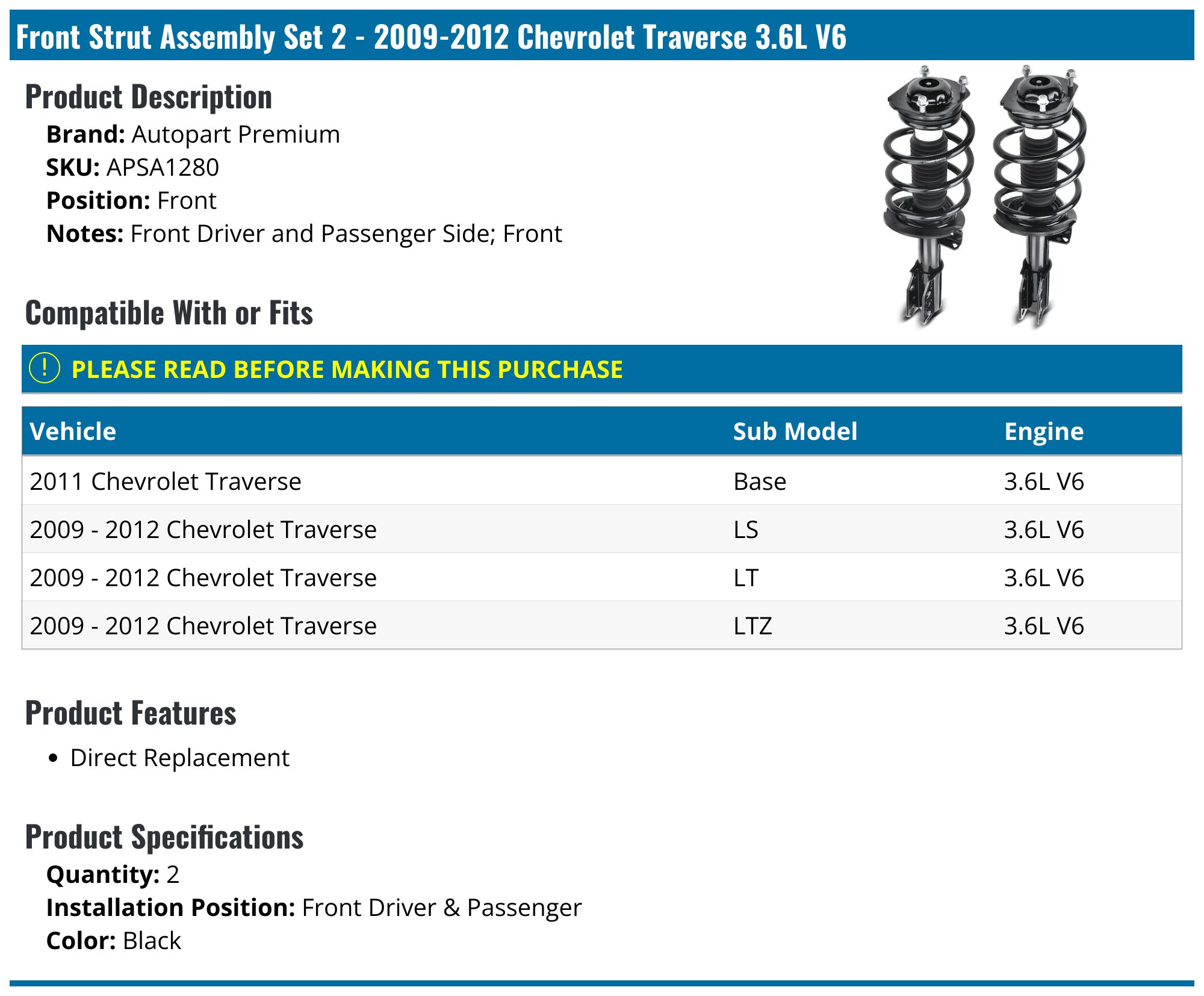 2009-2012 Chevrolet Traverse Strut Assembly - Autopart Premium APSA1280 ...