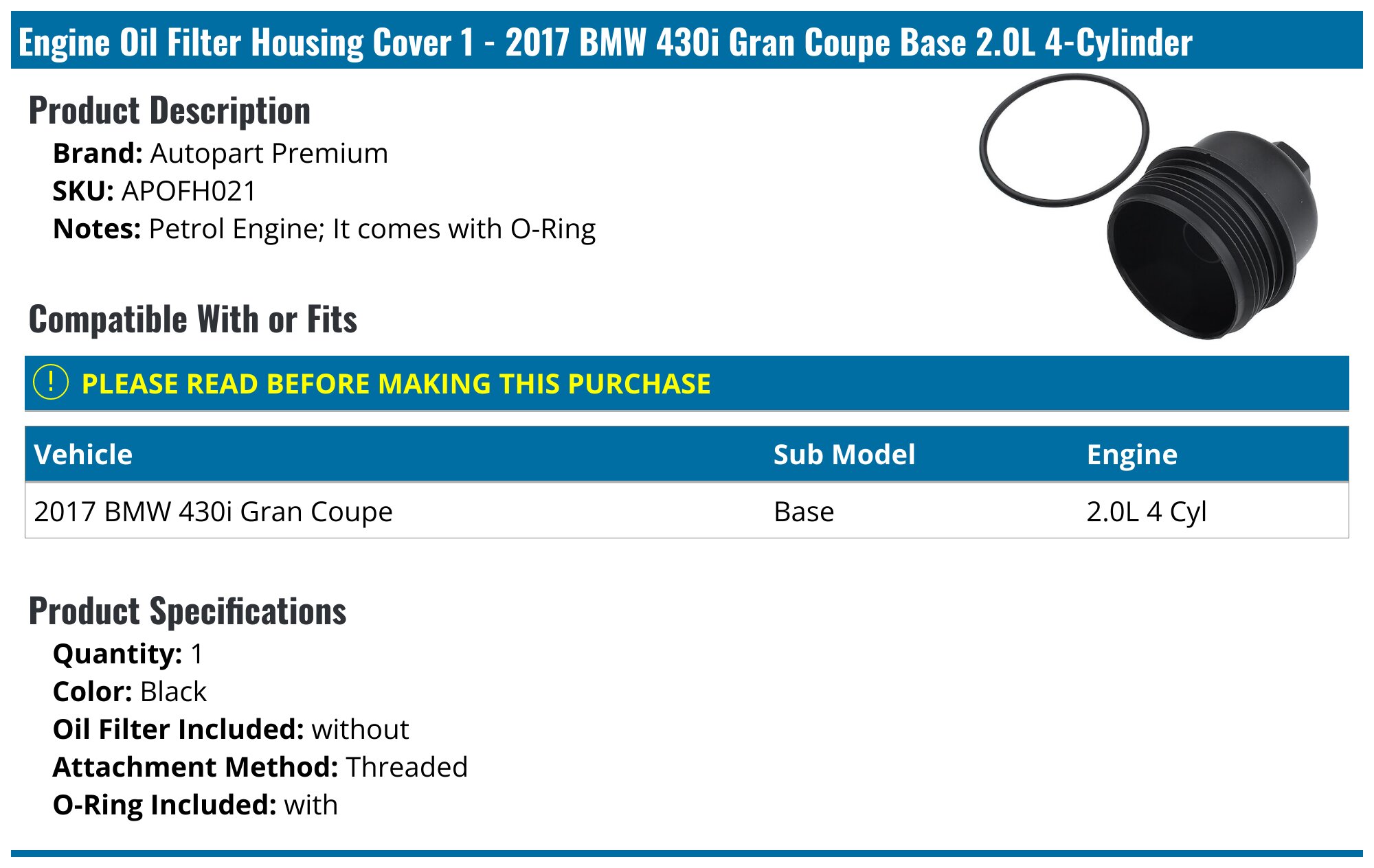 2017 BMW 430i Gran Coupe Engine Oil Filter Housing Cover - Autopart ...
