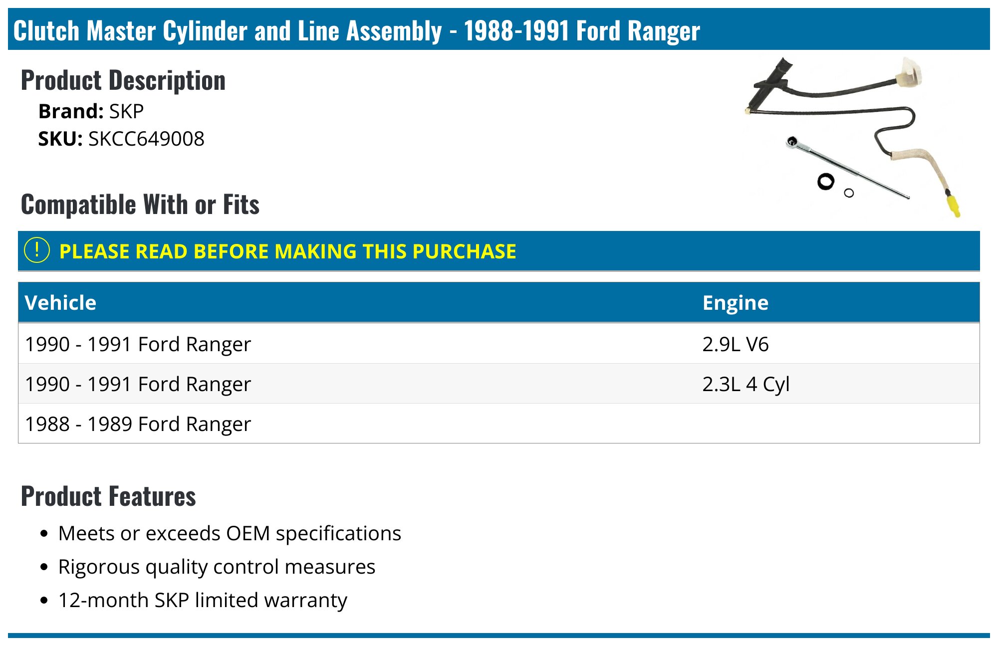 1988-1991 Ford Ranger Clutch Master Cylinder - SKP SKCC649008 ...