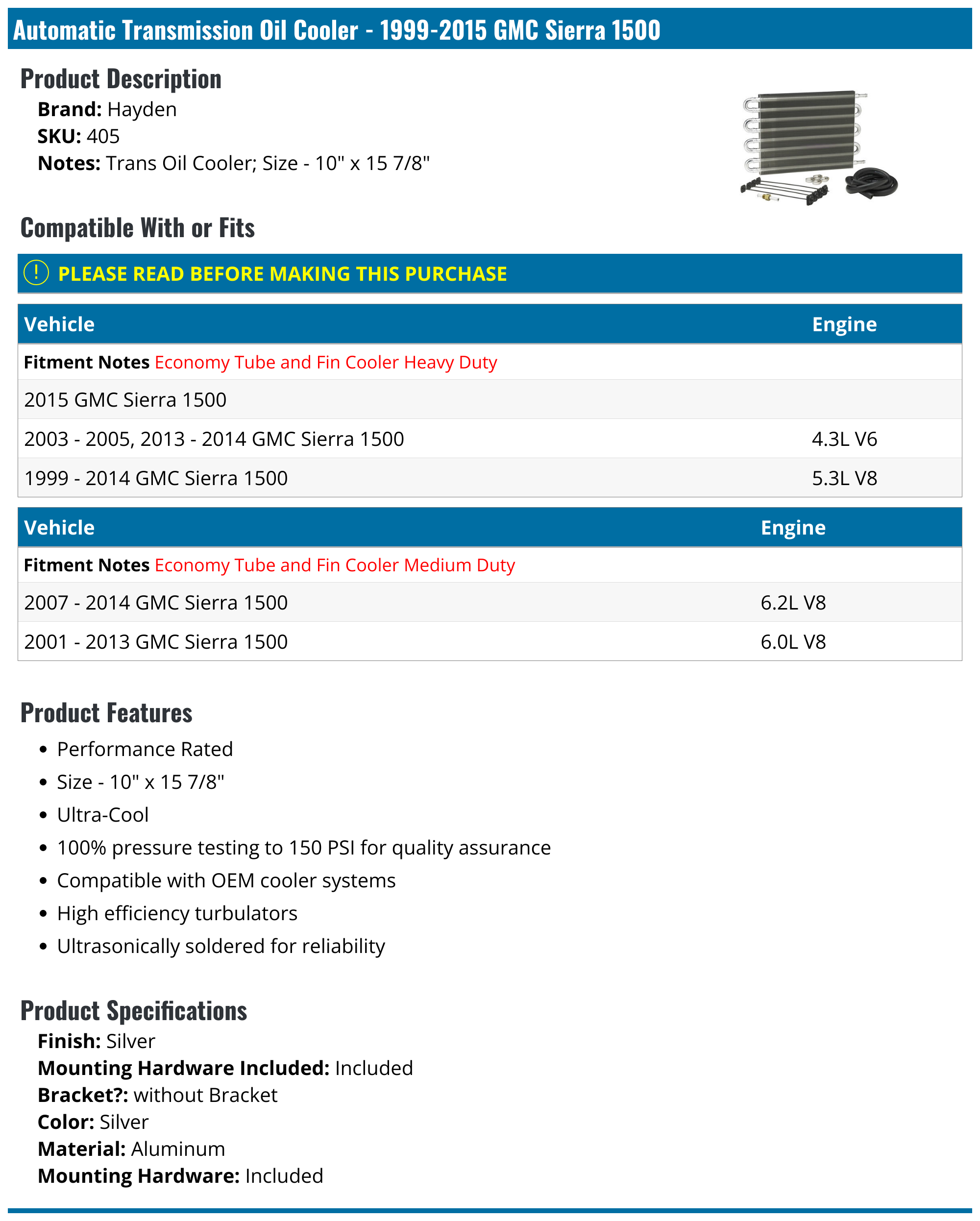 1999-2015 GMC Sierra 1500 Automatic Transmission Oil Cooler - Hayden ...