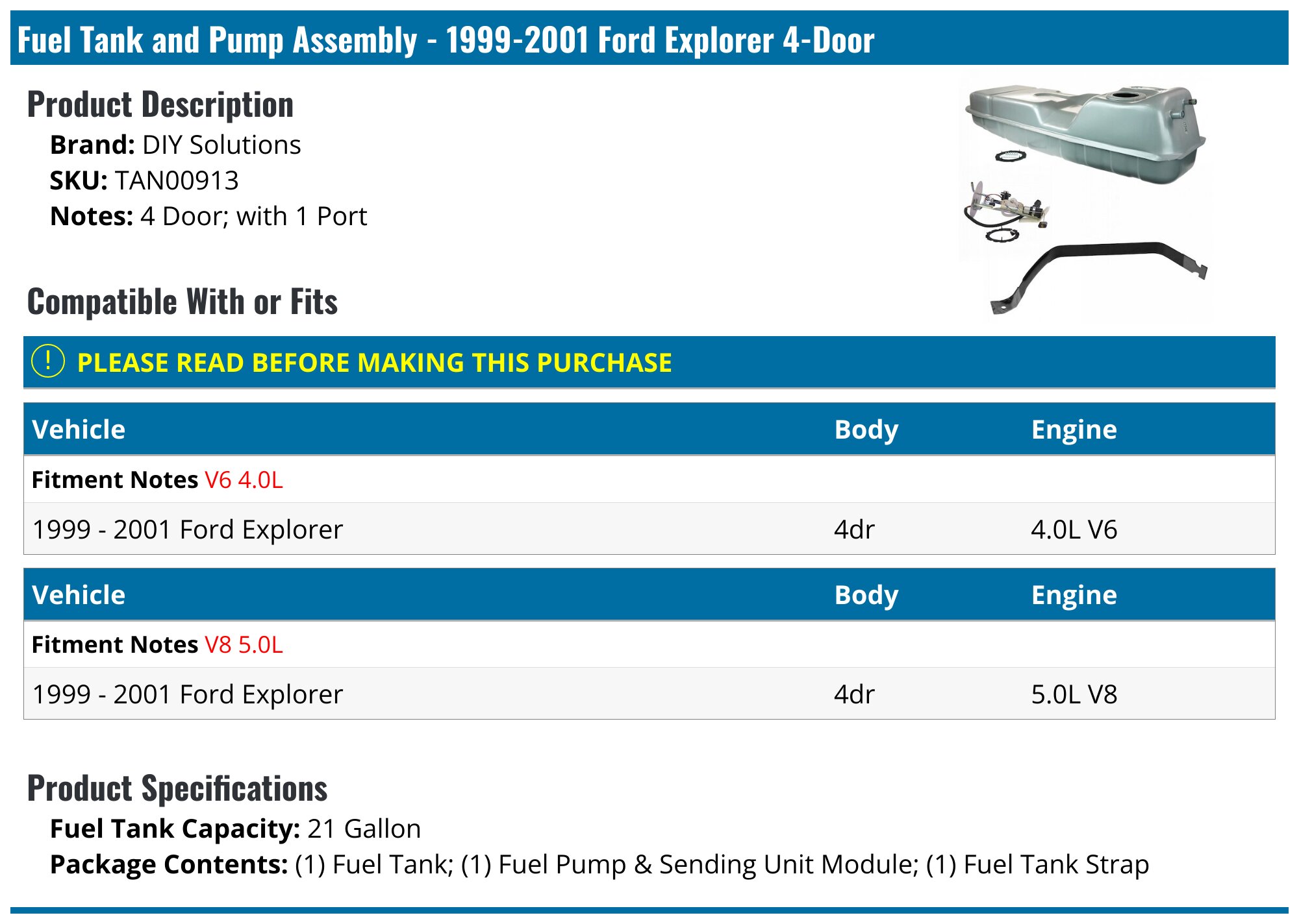 1999-2001 Ford Explorer Fuel Tank - DIY Solutions TAN00913 - PartsGeek.com