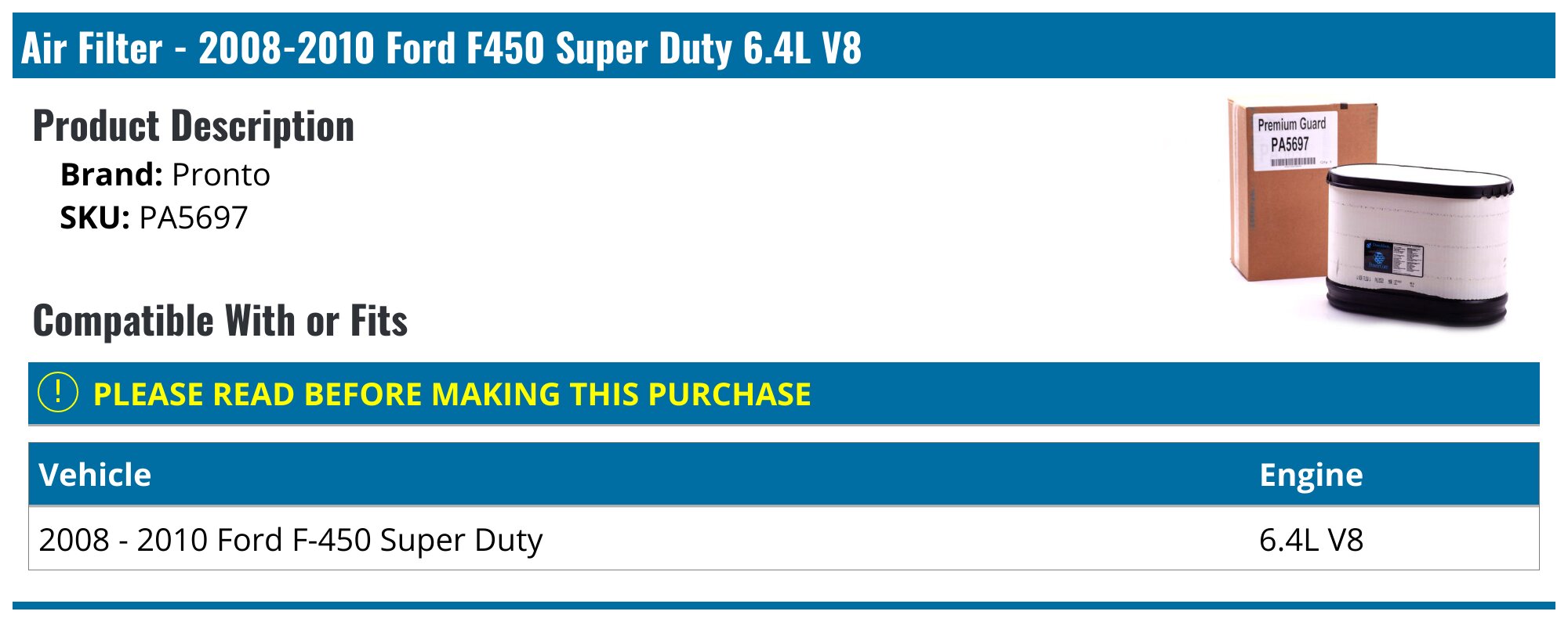 2008-2010 Ford F450 Super Duty Air Filter - Pronto PA5697 - PartsGeek.com