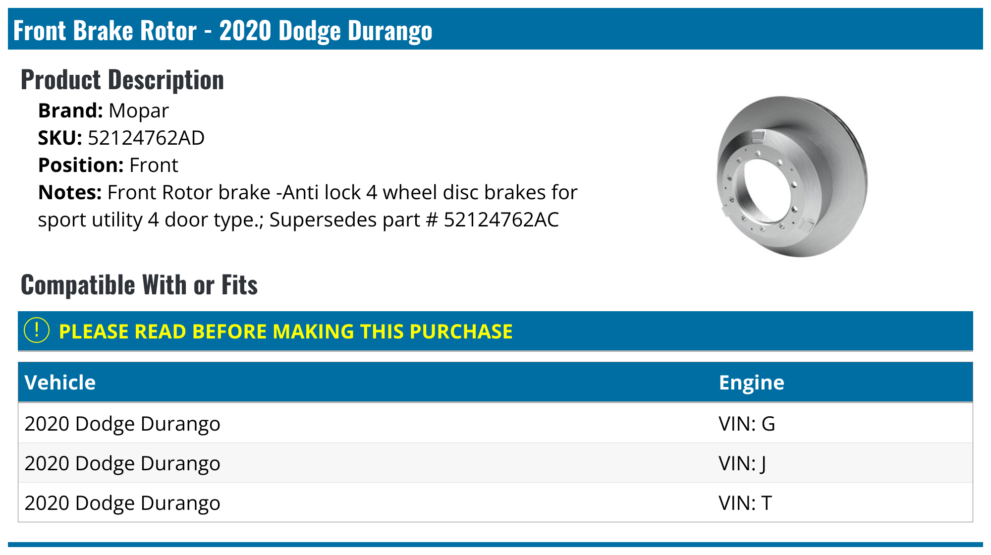 2020 Dodge Durango Brake Rotor - Mopar 52124762AD - Front - PartsGeek.com
