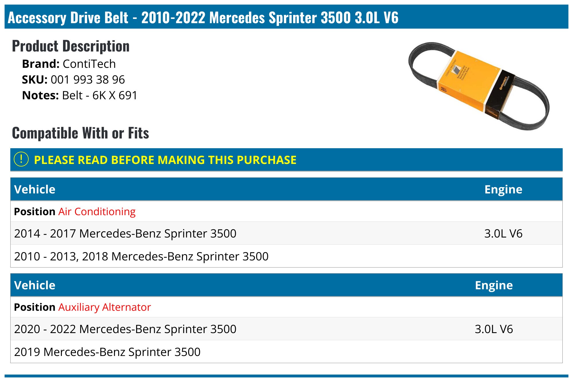 2010-2022 Mercedes Sprinter 3500 Accessory Drive Belt - ContiTech 001 ...