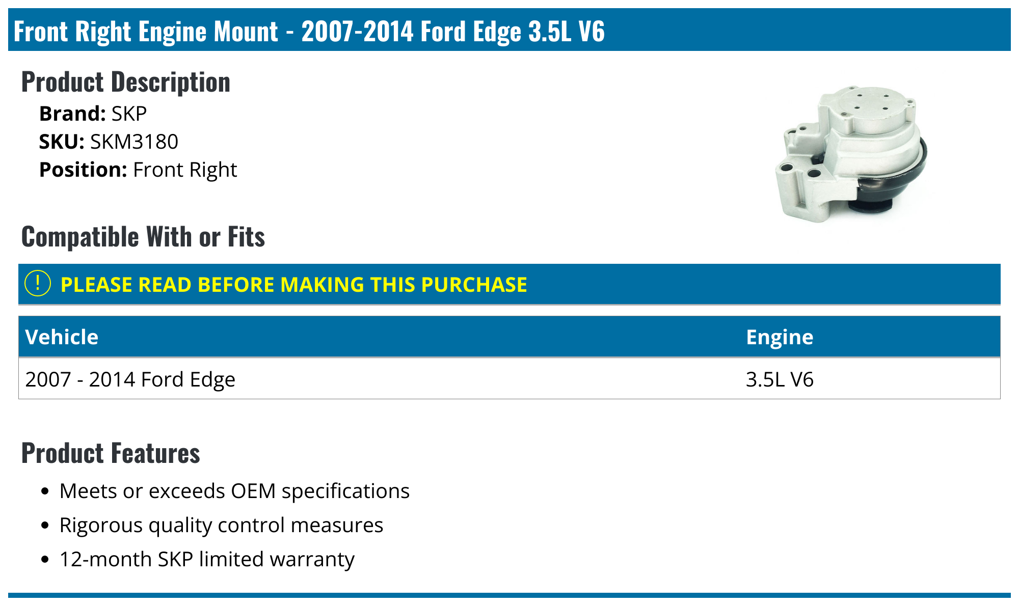 2007-2014 Ford Edge Engine Mount - SKP SKM3180 - Front Right ...