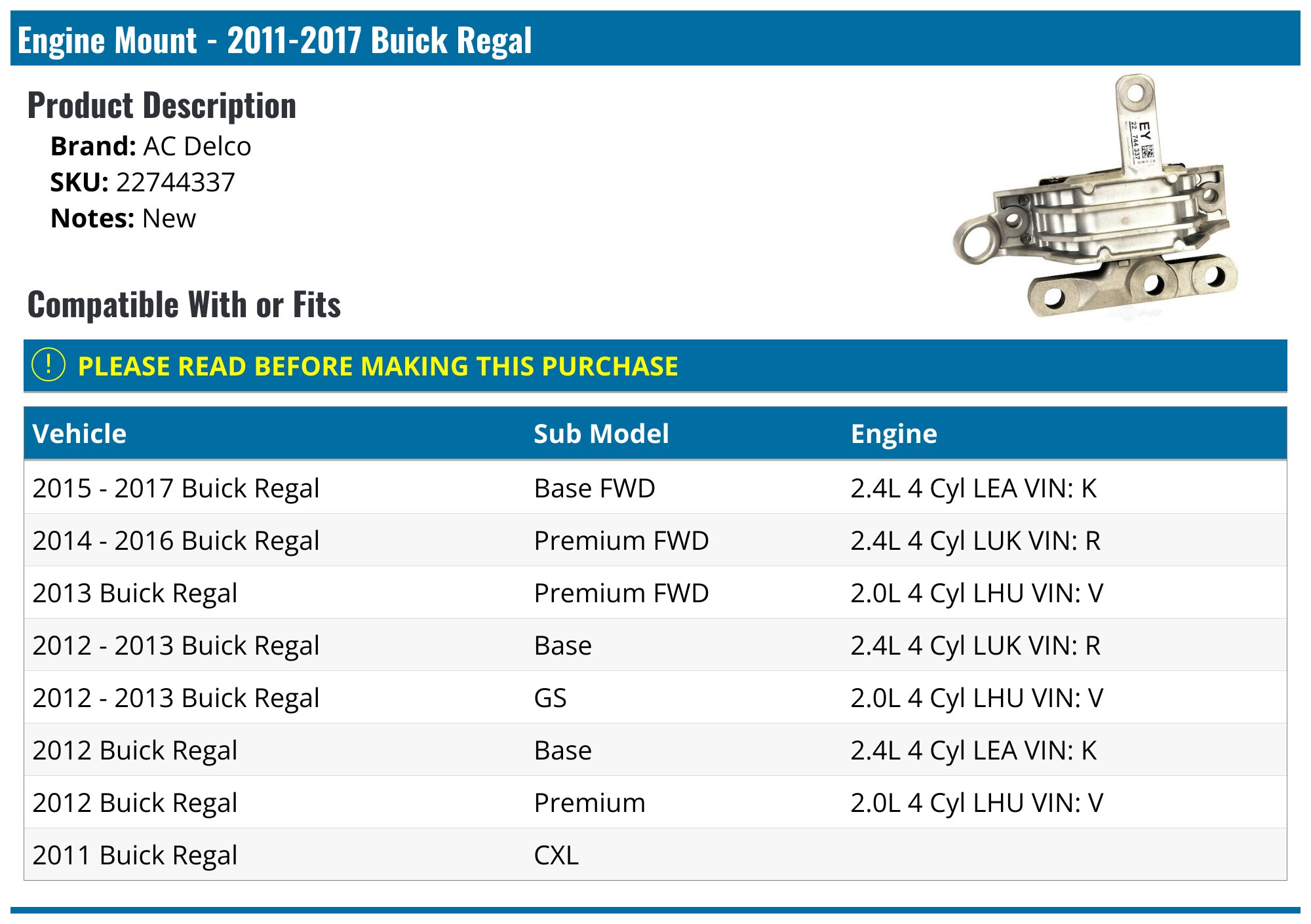 2011-2017 Buick Regal Engine Mount - AC Delco 22744337 - PartsGeek.com