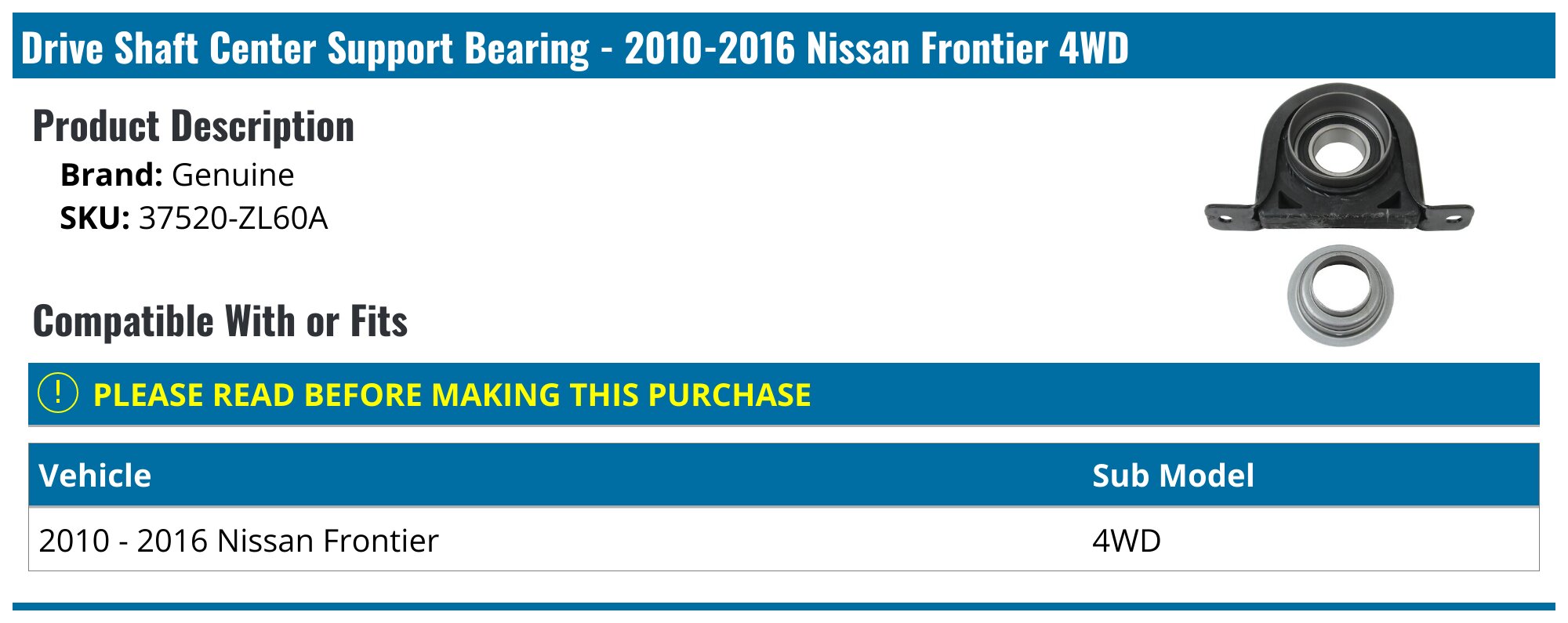 2010-2016 Nissan Frontier Drive Shaft Center Support Bearing - Genuine ...