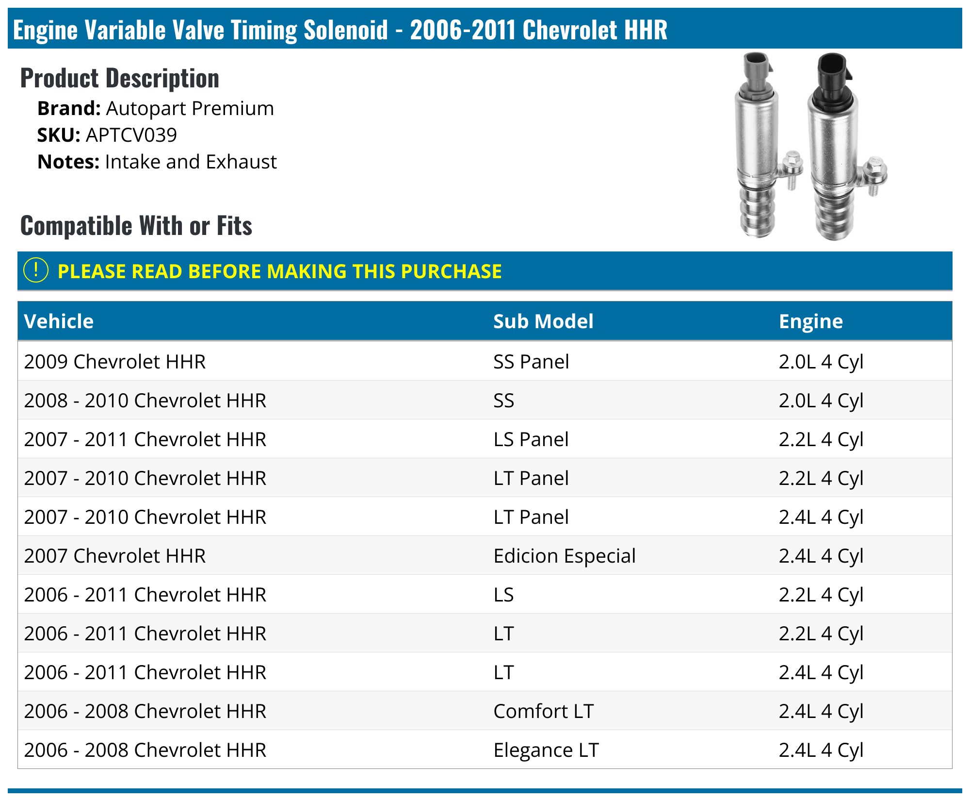2006-2011 Chevrolet HHR Variable Timing Solenoid - Autopart Premium ...