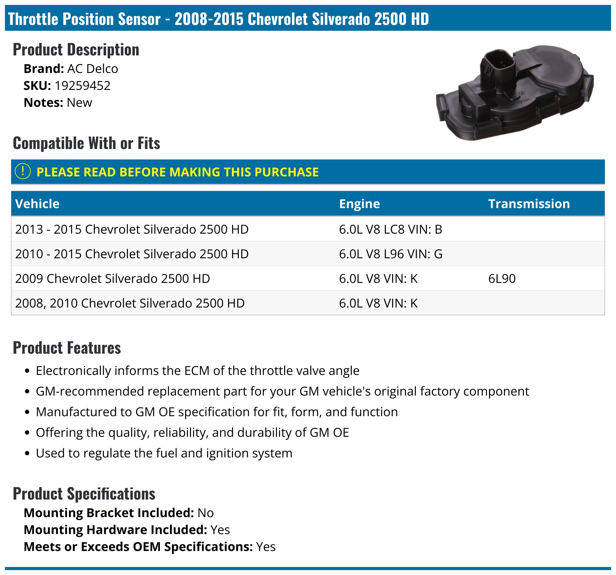 2008-2015 Chevrolet Silverado 2500 HD Throttle Position Sensor - AC ...