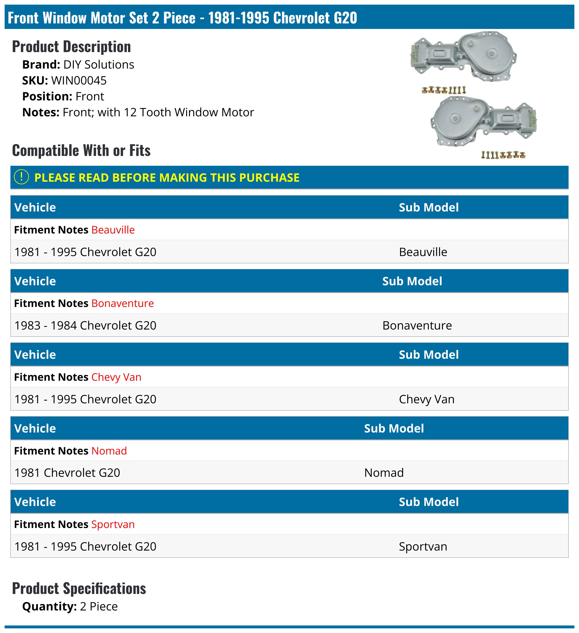 1981-1995 Chevrolet G20 Window Motor - DIY Solutions WIN00045 - Front ...
