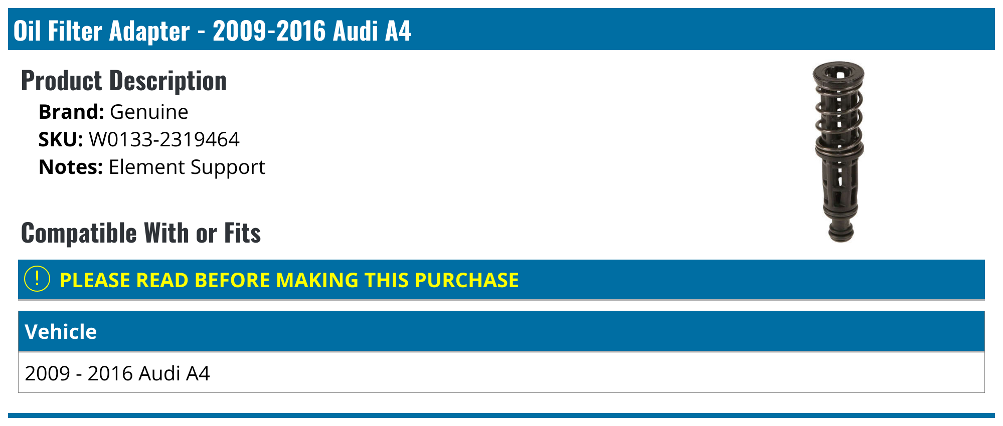 2009-2016 Audi A4 Oil Filter Adapter - Genuine W0133-2319464 ...