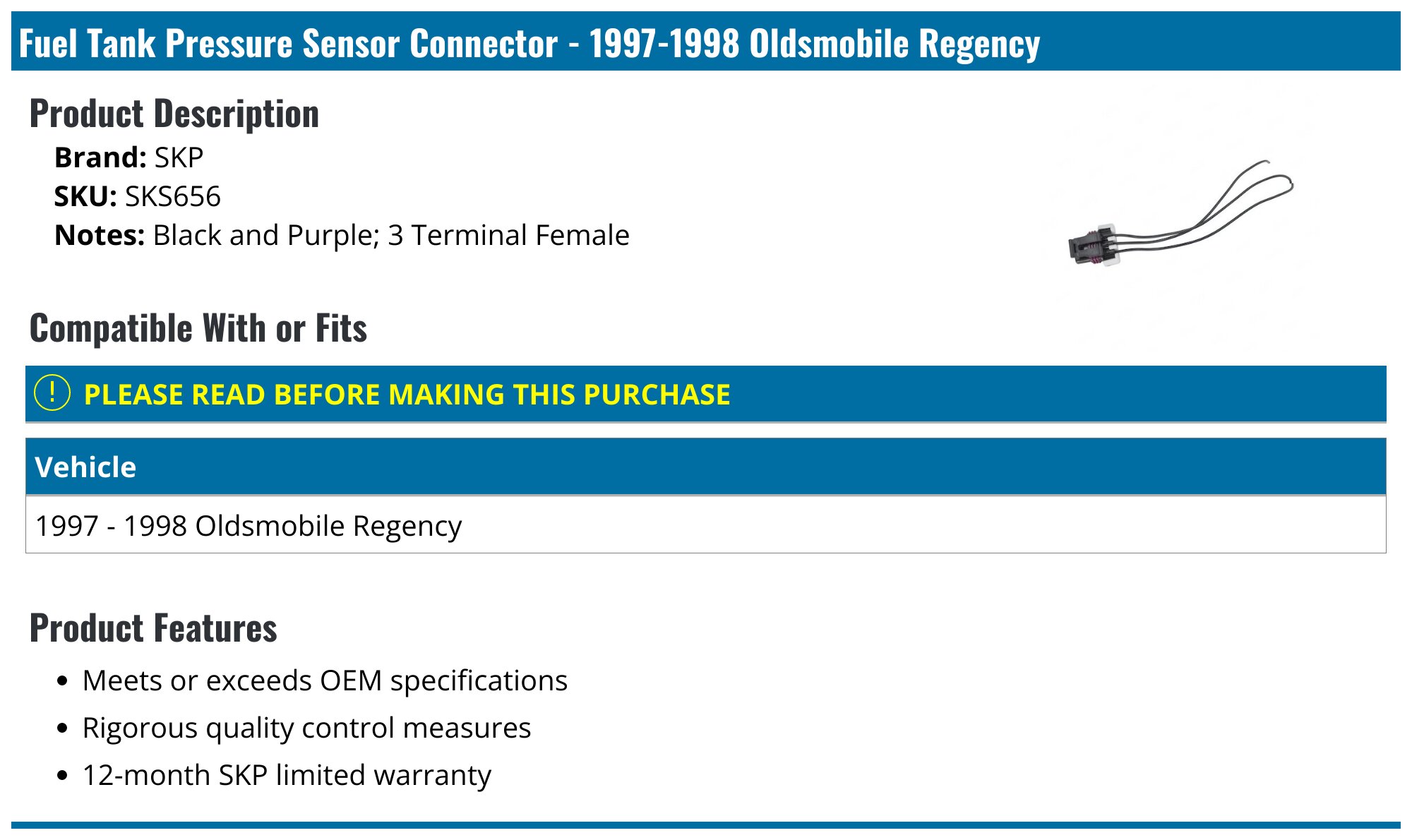1997-1998 Oldsmobile Regency Fuel Tank Pressure Sensor Connector - SKP ...