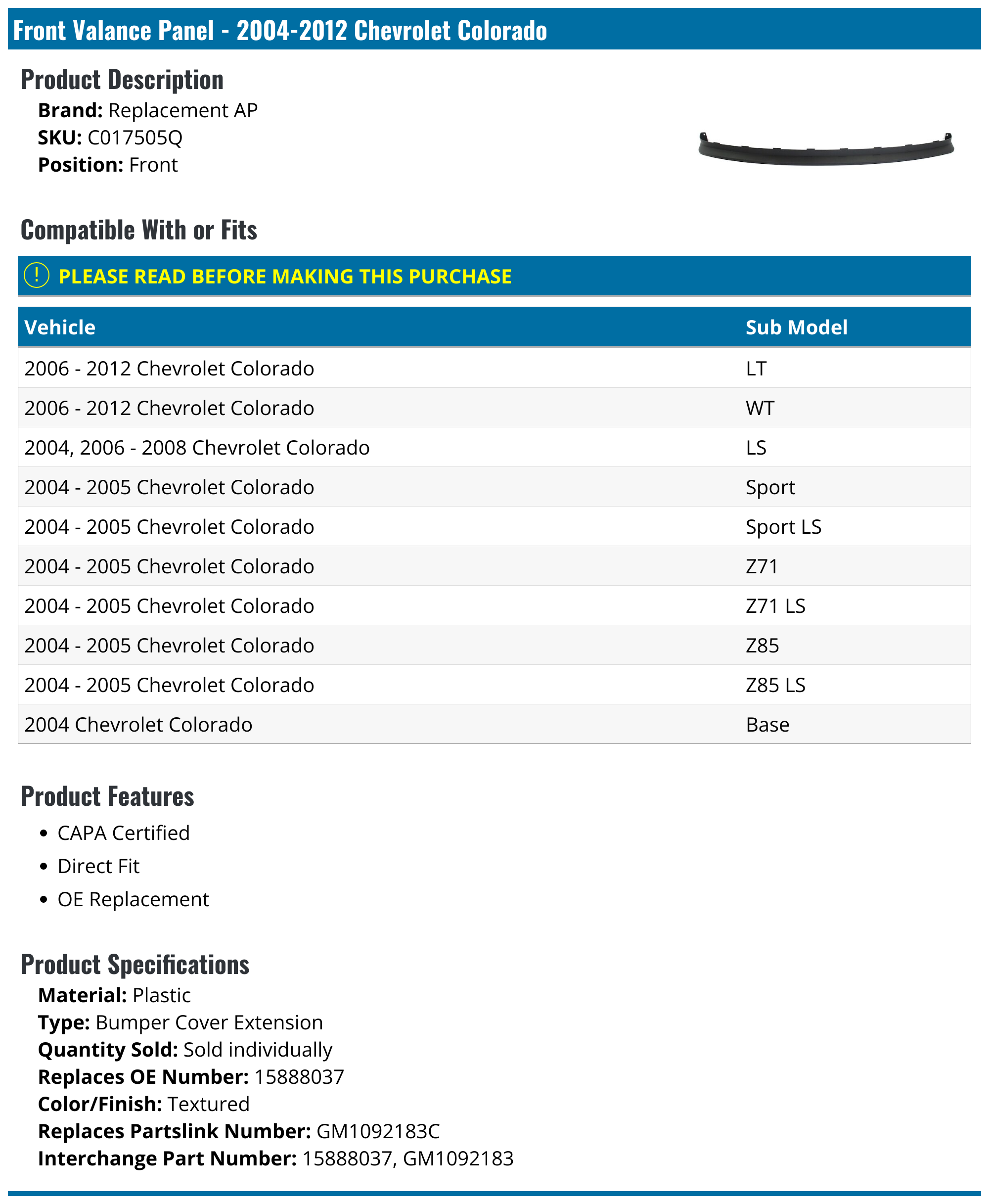 2004-2012 Chevrolet Colorado Valance Panel - Replacement AP C017505Q ...
