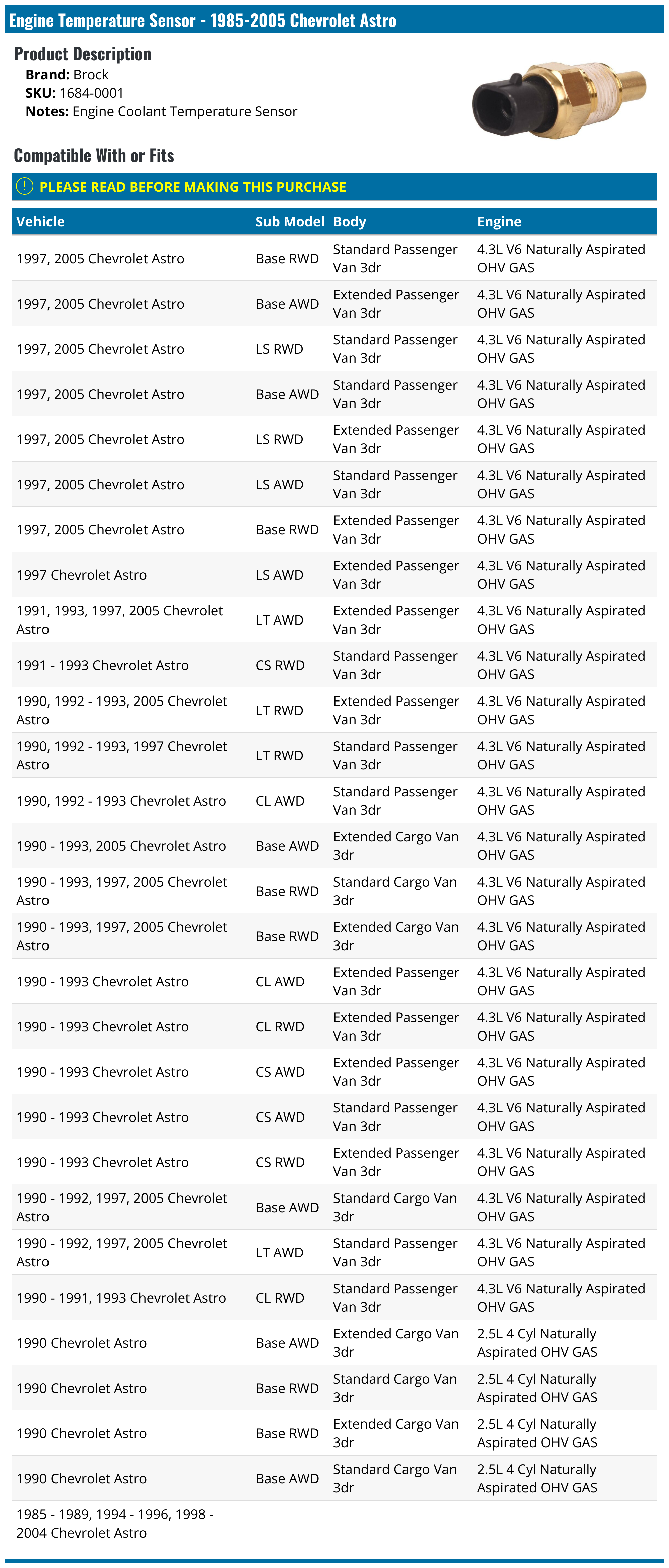 1985-2005 Chevrolet Astro Engine Temperature Sensor - Brock 1684-0001 ...