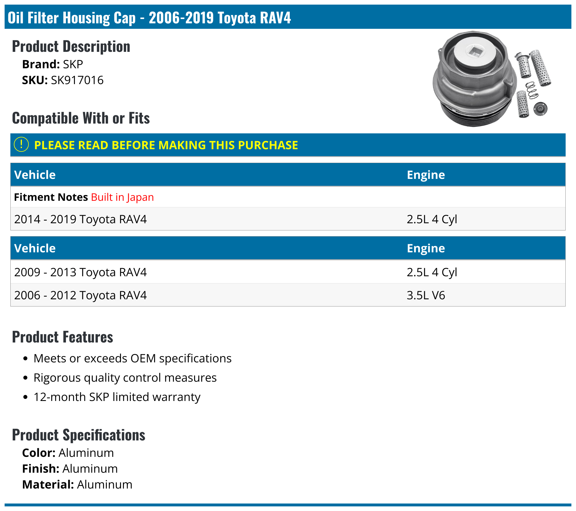 2006-2019 Toyota RAV4 Oil Filter Housing Cap - SKP SK917016 - PartsGeek.com