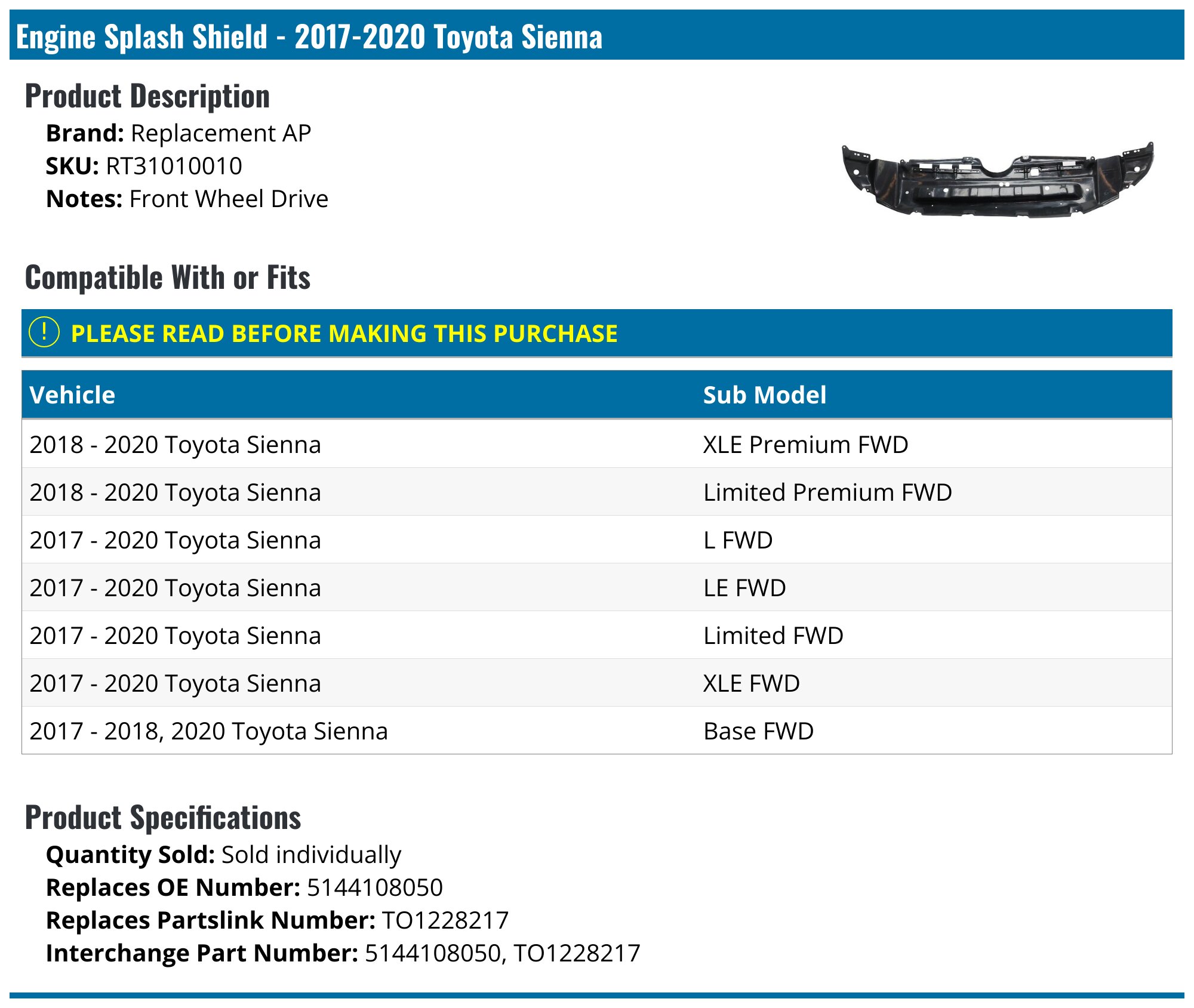 2017-2020 Toyota Sienna Lower Engine Cover - Replacement AP RT31010010 ...