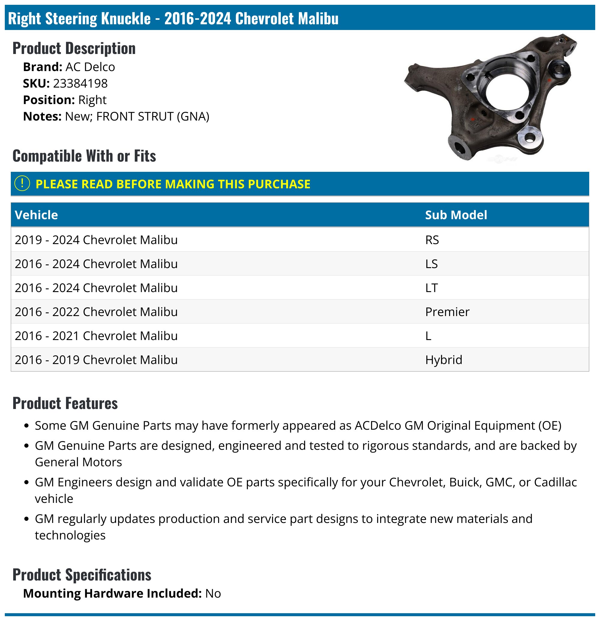 2016-2025 Chevrolet Malibu Steering Knuckle - AC Delco 23384198 - Right ...