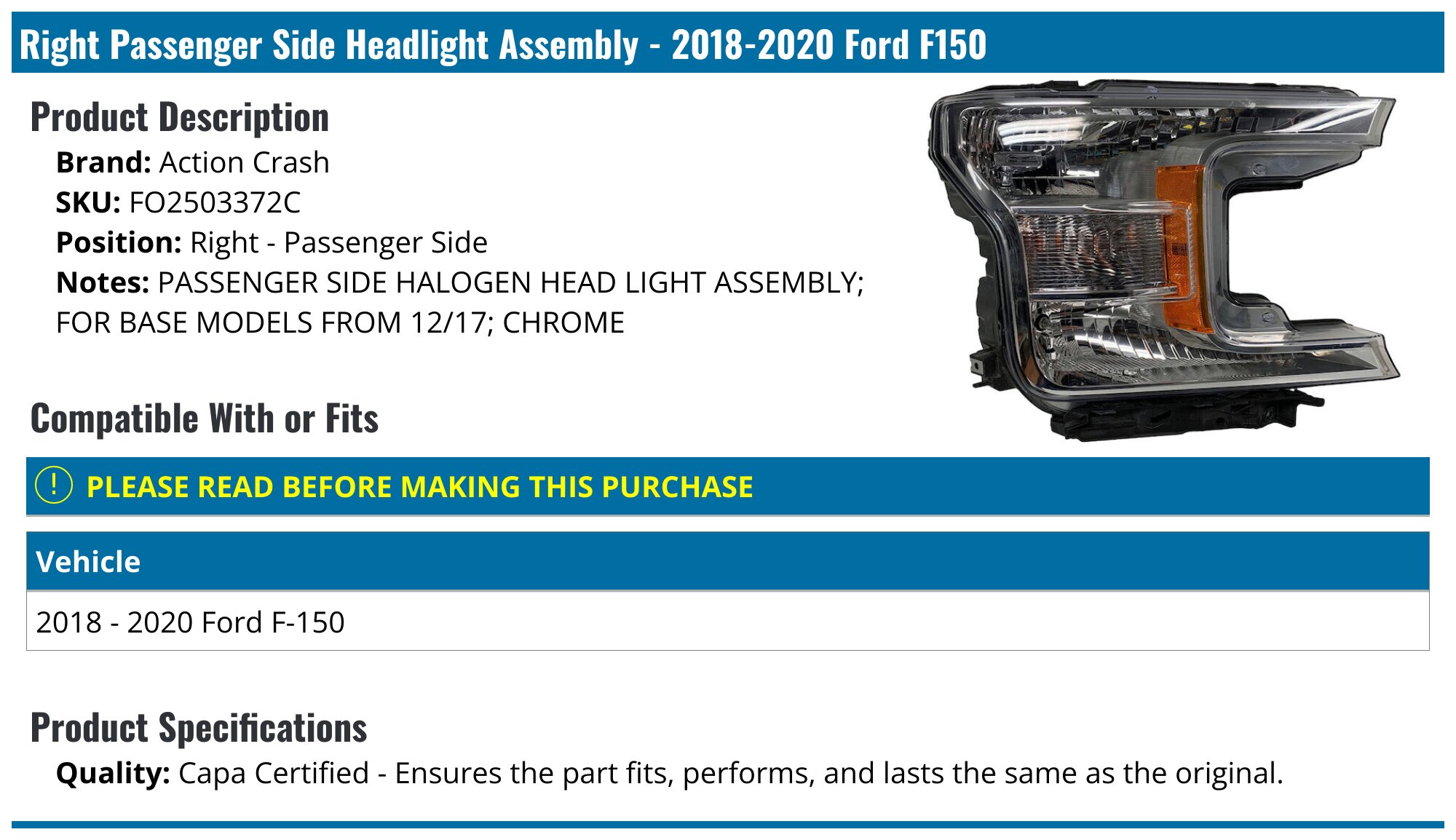 2018-2020 Ford F150 Headlight Assembly - Action Crash FO2503372C ...
