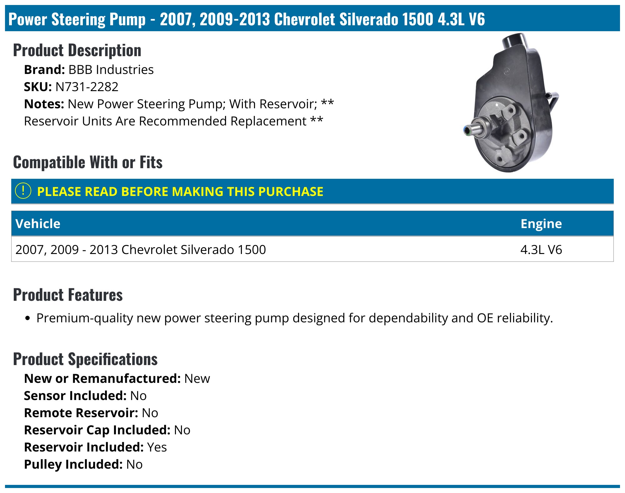 2007-2013 Chevrolet Silverado 1500 Power Steering Pump - BBB Industries ...