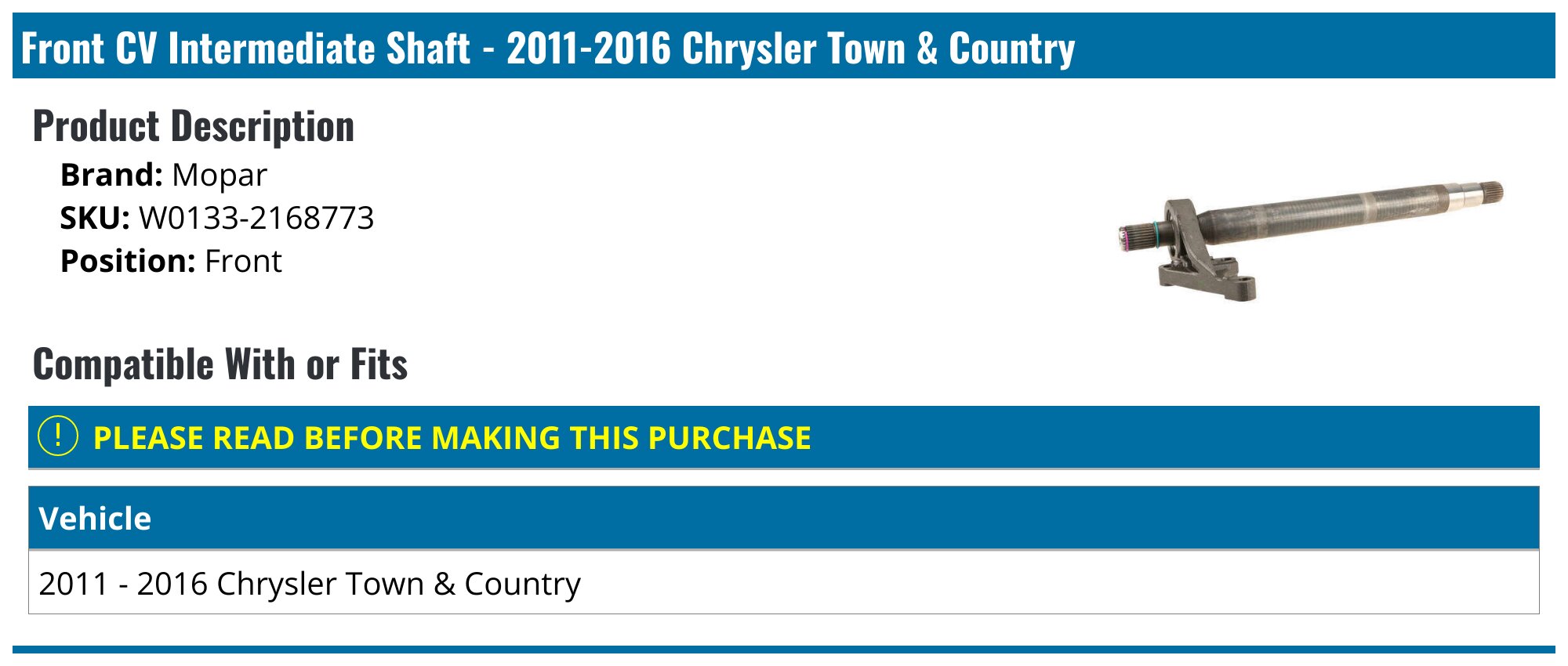 2011-2016 Chrysler Town & Country CV Intermediate Shaft - Mopar W0133 ...