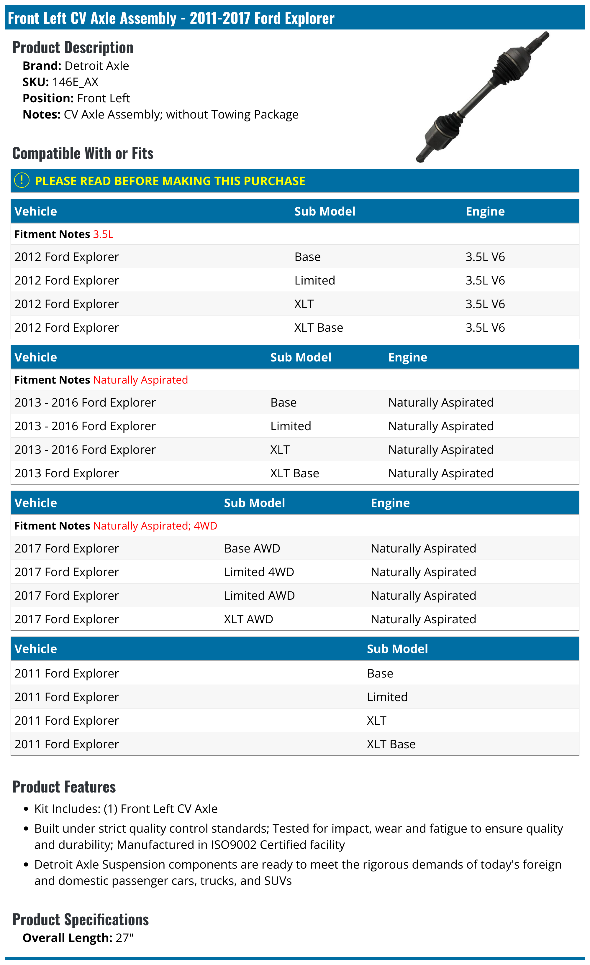 2011-2017 Ford Explorer Axle Assembly - Detroit Axle 146E_AX - Front ...