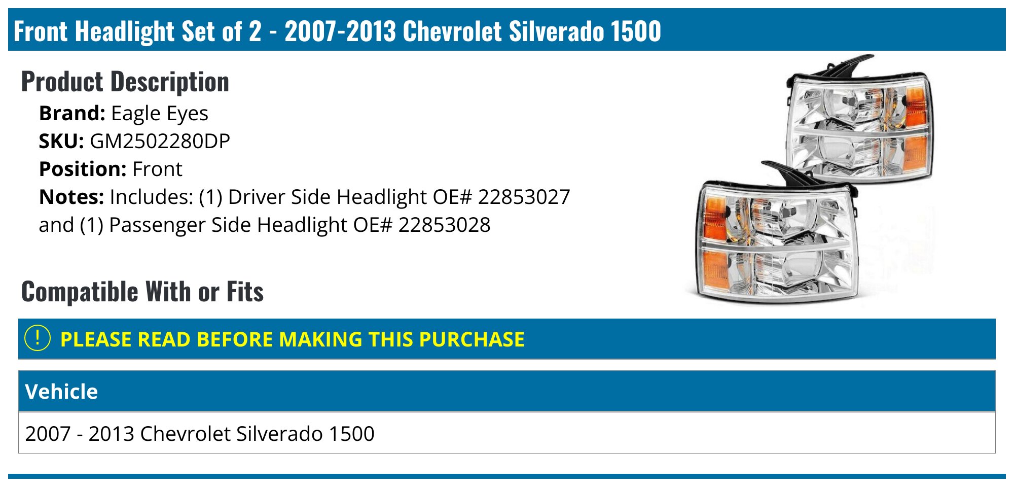 2007 2013 Chevrolet Silverado 1500 Headlight Assembly Eagle Eyes