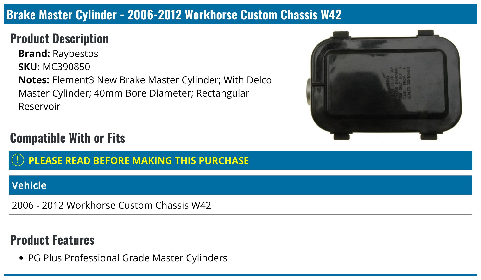 2006-2012 Workhorse Custom Chassis W42 Brake Master Cylinder ...