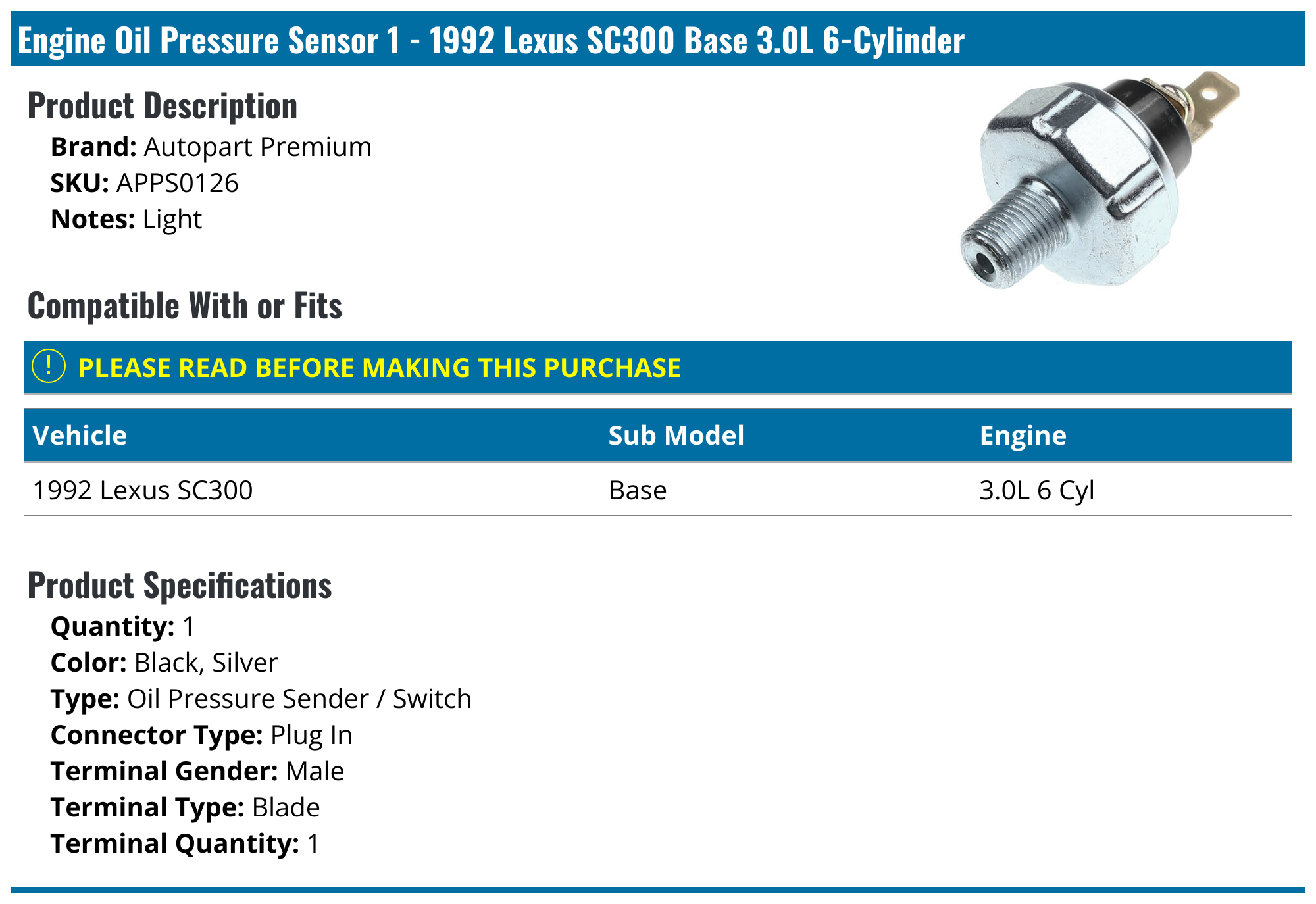 1992 Lexus SC300 Engine Oil Pressure Sensor - Autopart Premium APPS0126 ...