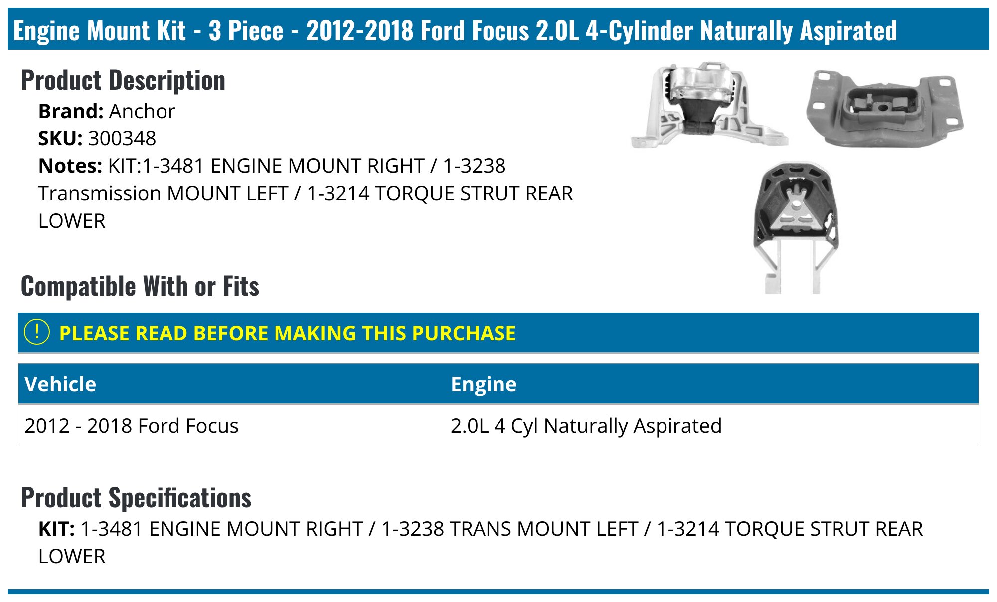 2012-2018 Ford Focus Engine Mount - Anchor 300348 - PartsGeek.com