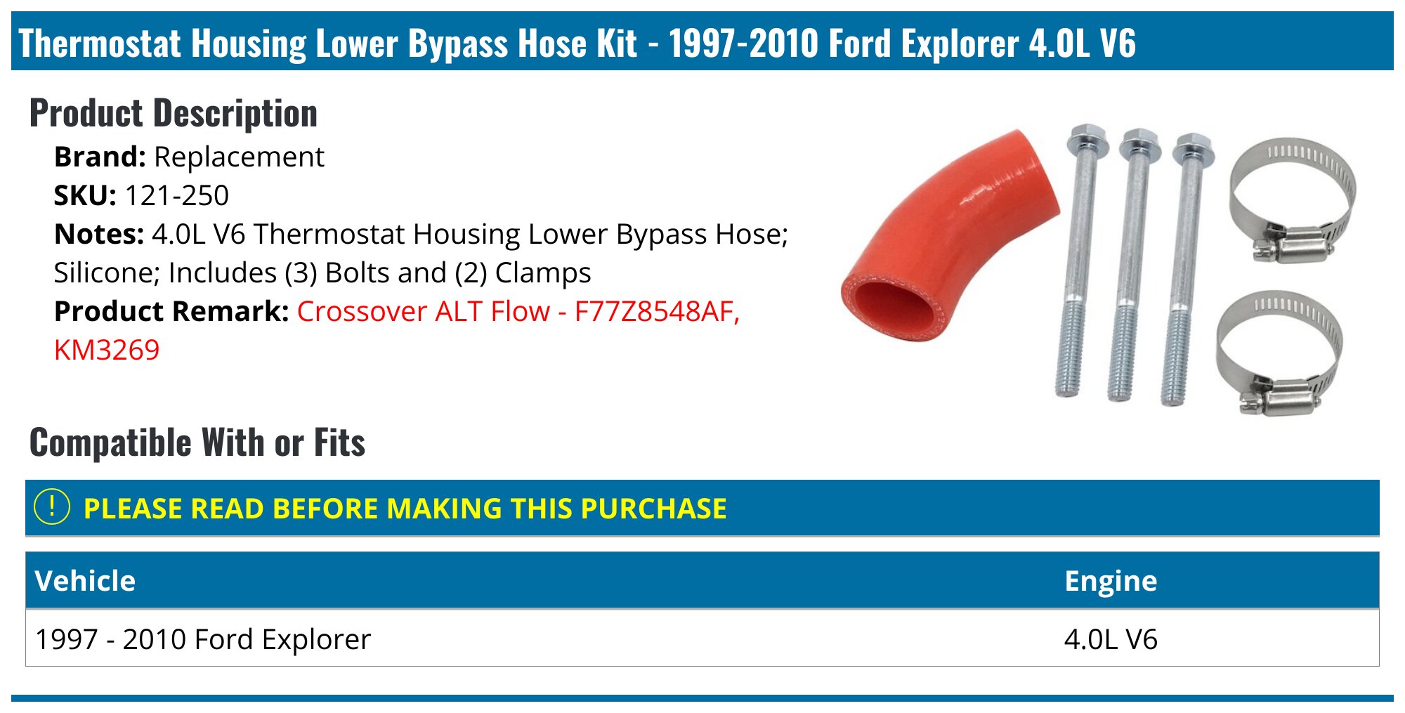 1997-2010 Ford Explorer Bypass Hose - Replacement 121-250 - PartsGeek.com