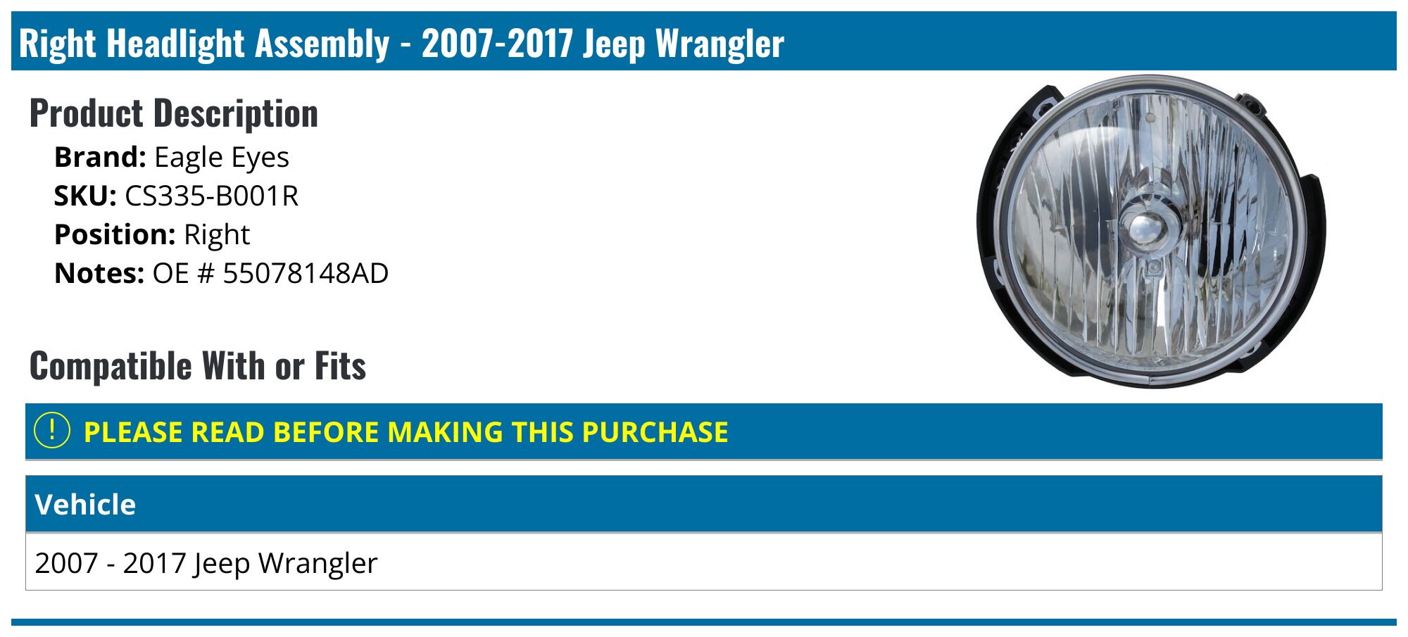 2007-2017 Jeep Wrangler Headlight Assembly - Eagle Eyes CS335-B001R ...