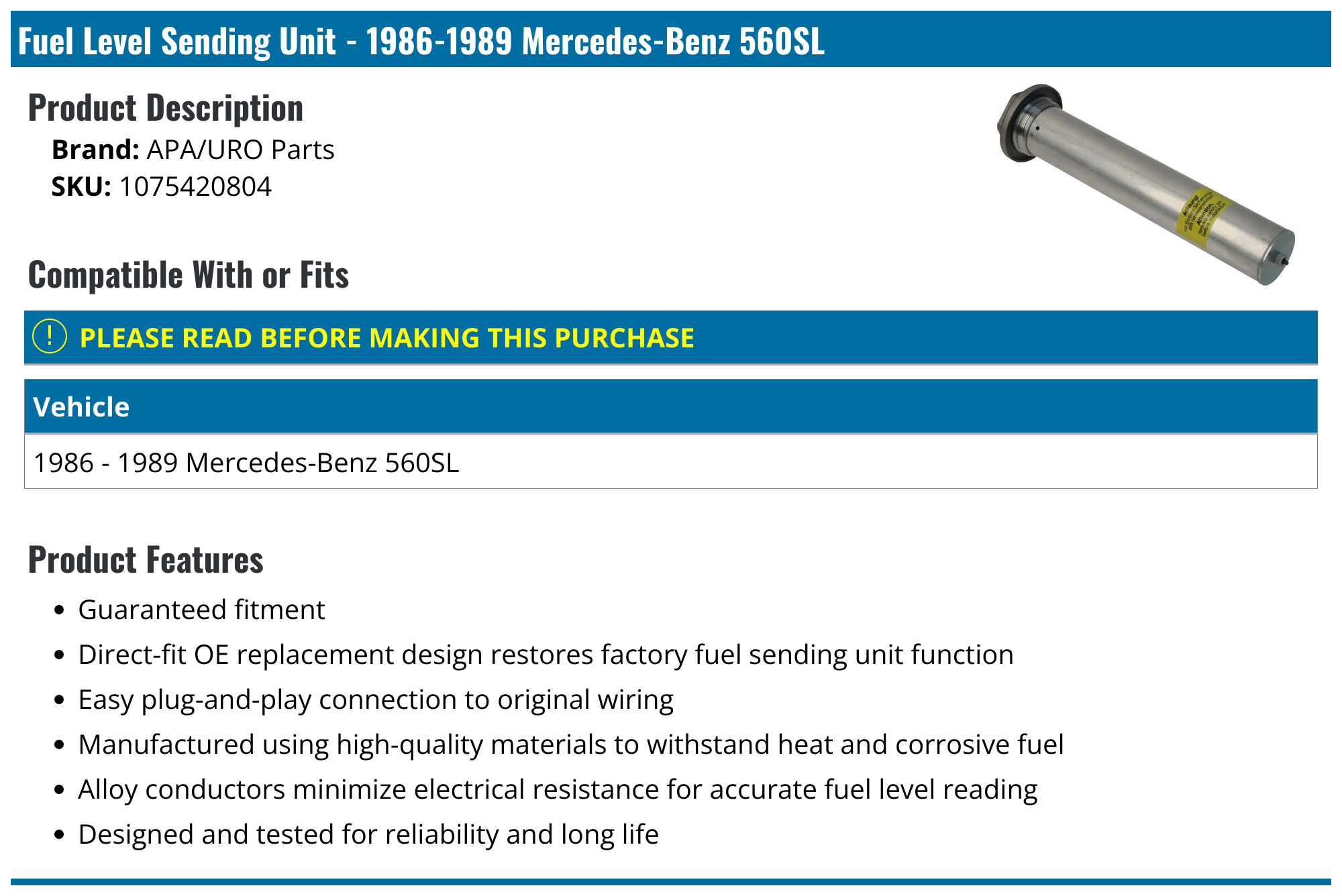 1986-1989 Mercedes 560SL Fuel Tank Sending Unit - APA/URO Parts ...