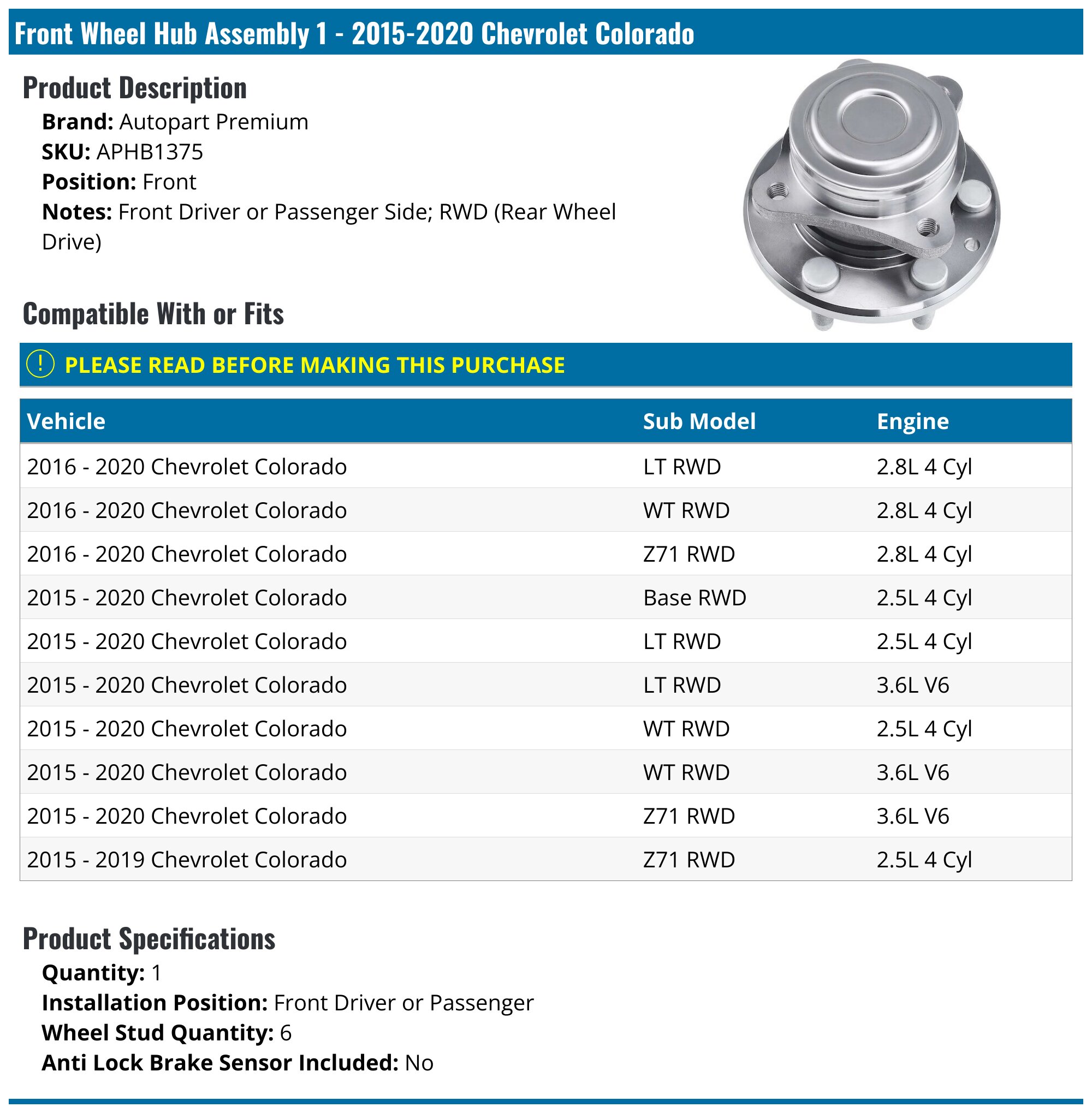2015-2020 Chevrolet Colorado Wheel Hub Assembly - Autopart Premium ...