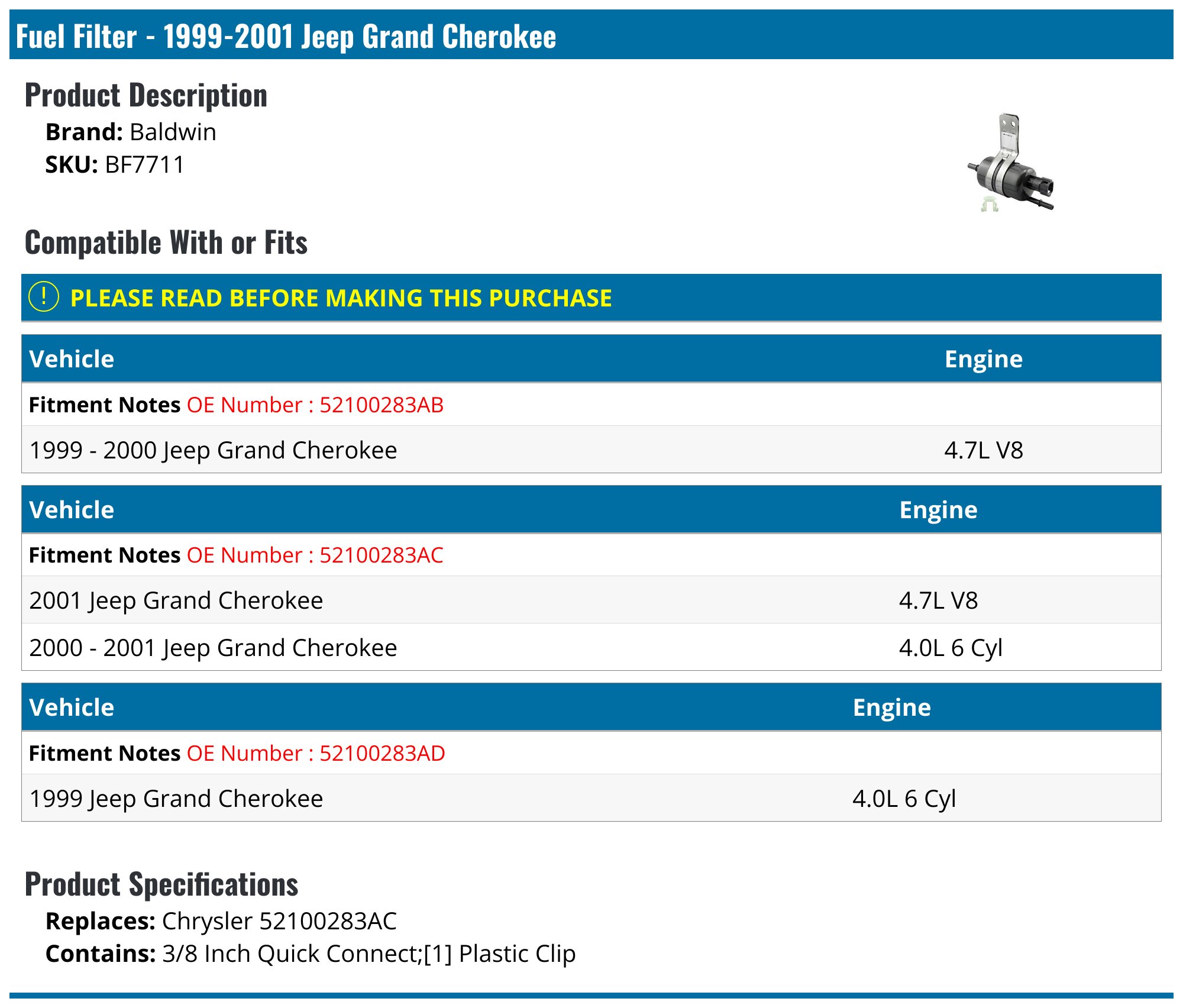 1999-2001 Jeep Grand Cherokee Fuel Filter - Baldwin BF7711 - PartsGeek.com
