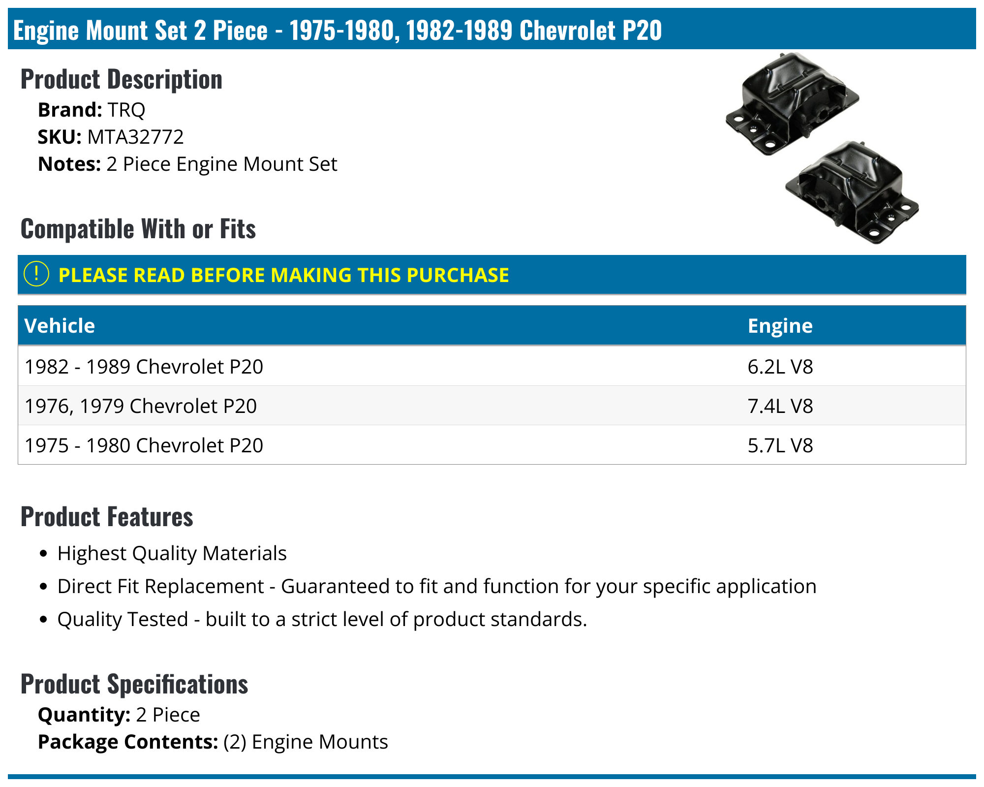 1975-1980, 1982-1989 Chevrolet P20 Engine Mount - TRQ MTA32772 ...